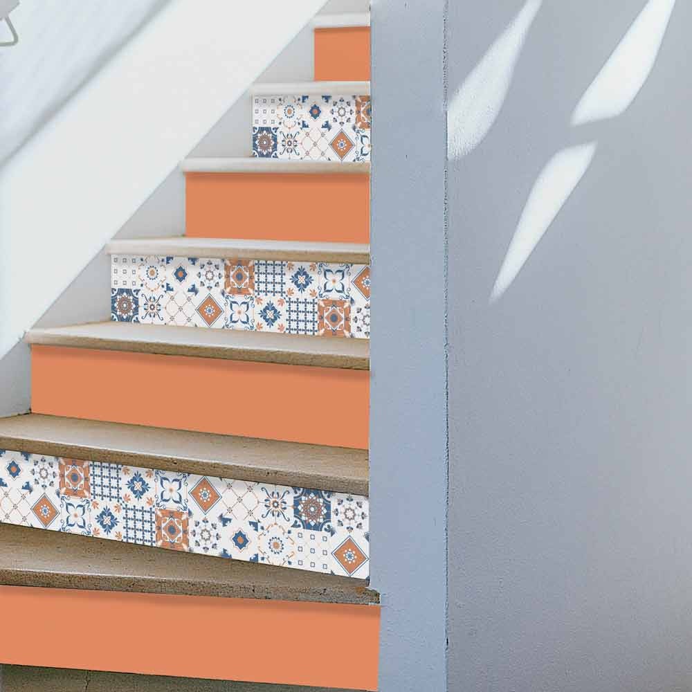 Contremarche PVC adhésivé IRENE - Effet Carreaux Ciment Bleu et Orange ...