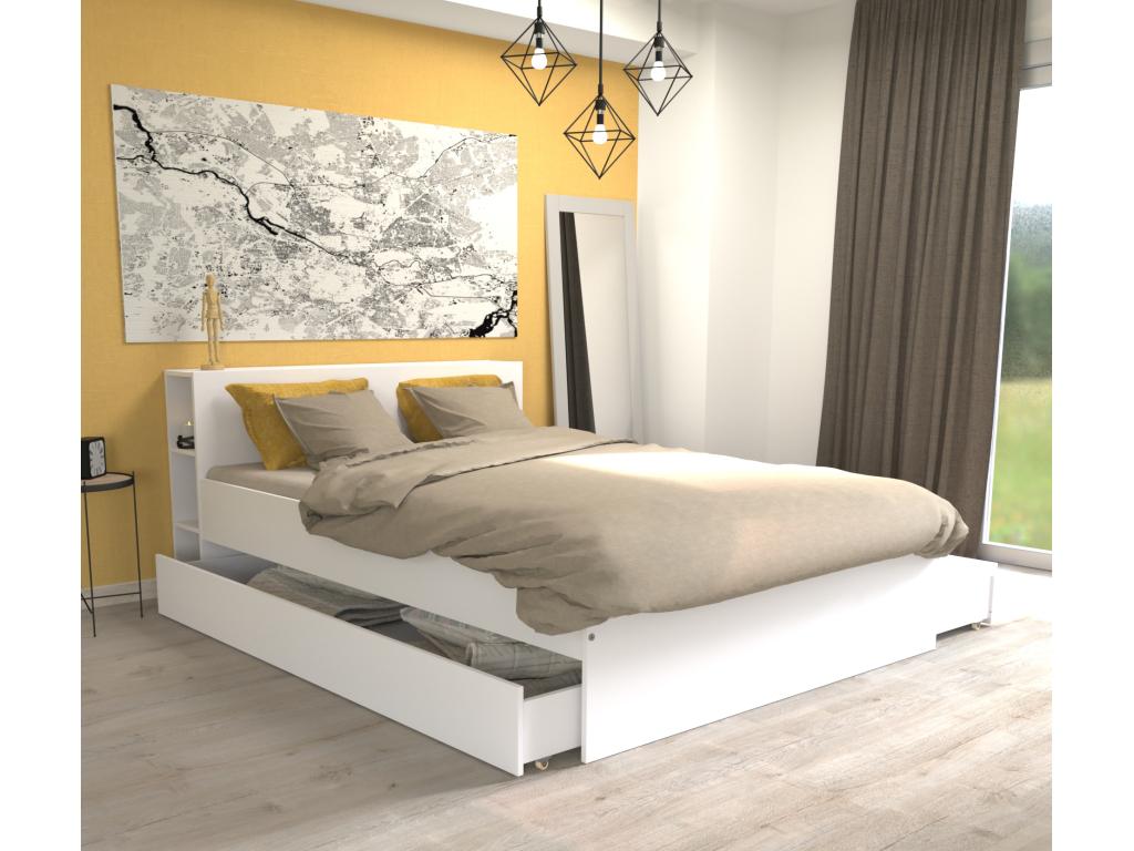 Lit avec tête de lit rangements et tiroirs 160 x 200 cm - Blanc ...