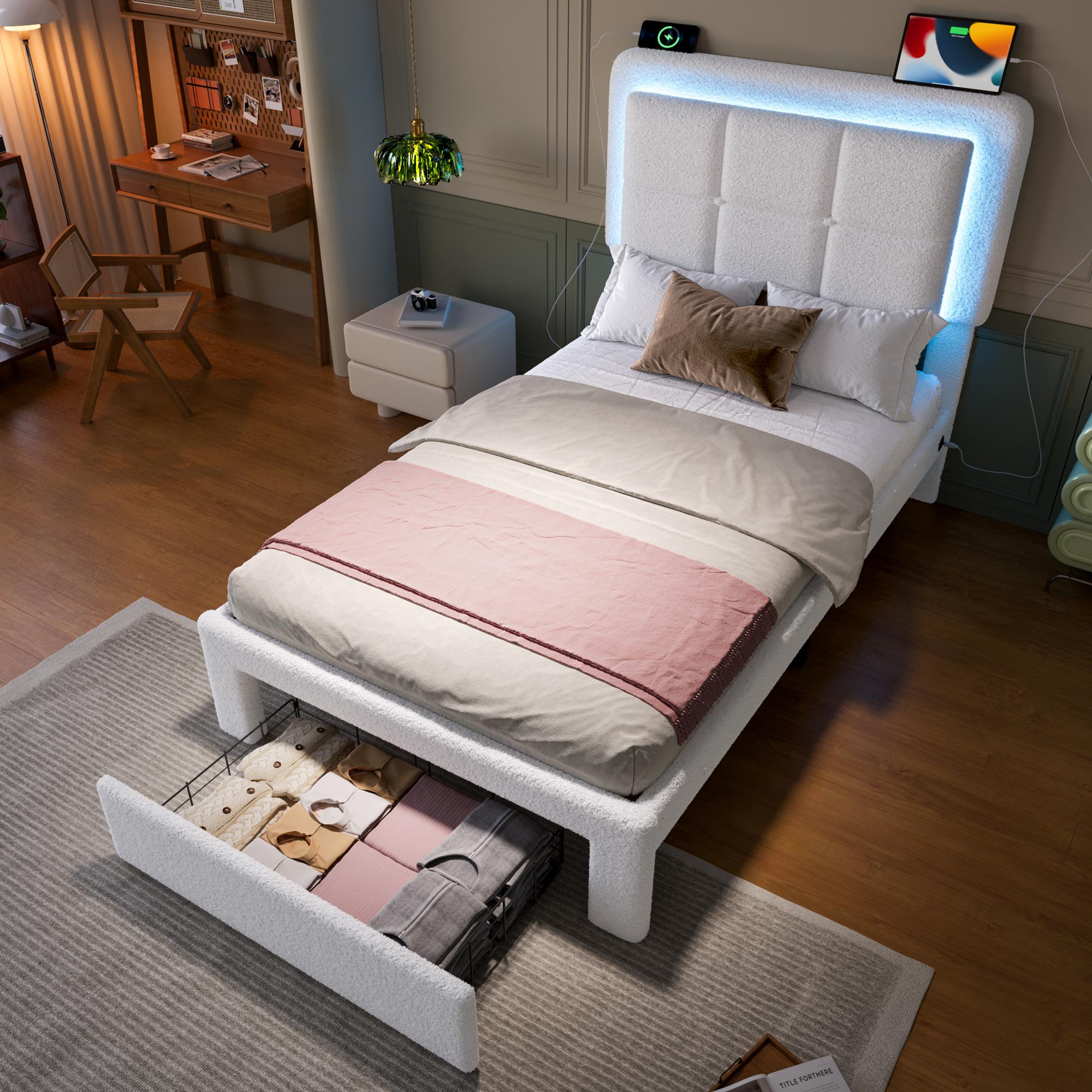 Lit adulte 90 x 200 cm avec revêtement en tissu teddy doux, cadre en ...