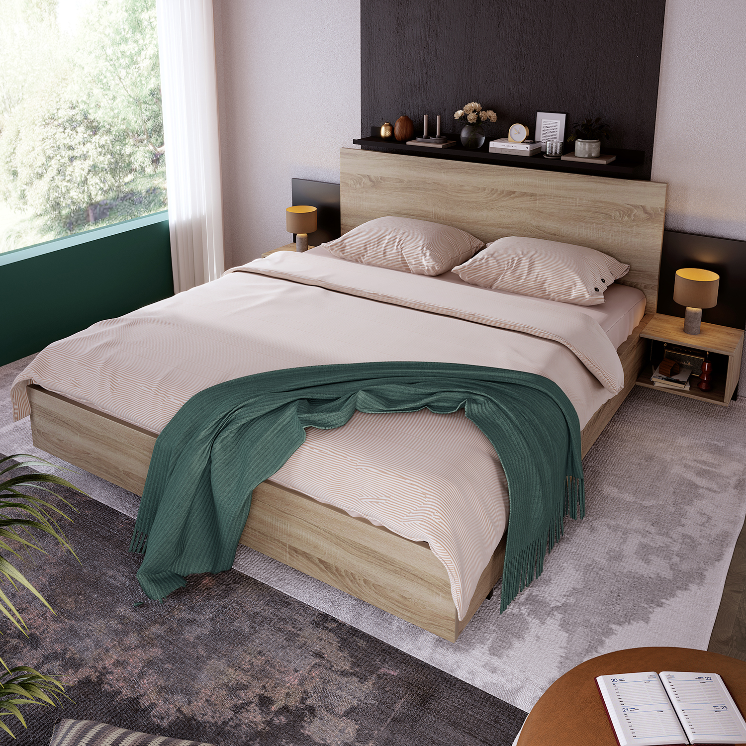 Lit double en bois Ensemble lit 160 x 200 cm avec 2 chevets Lit moderne ...