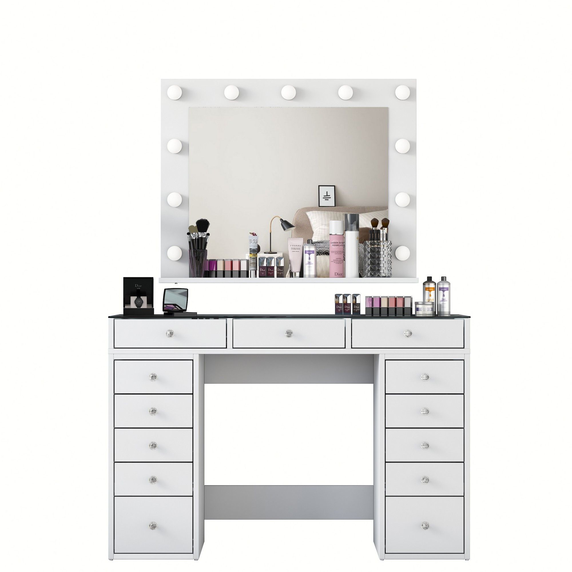Coiffeuse moderne avec miroir LED et dessus Transparent Beline L120cm ...