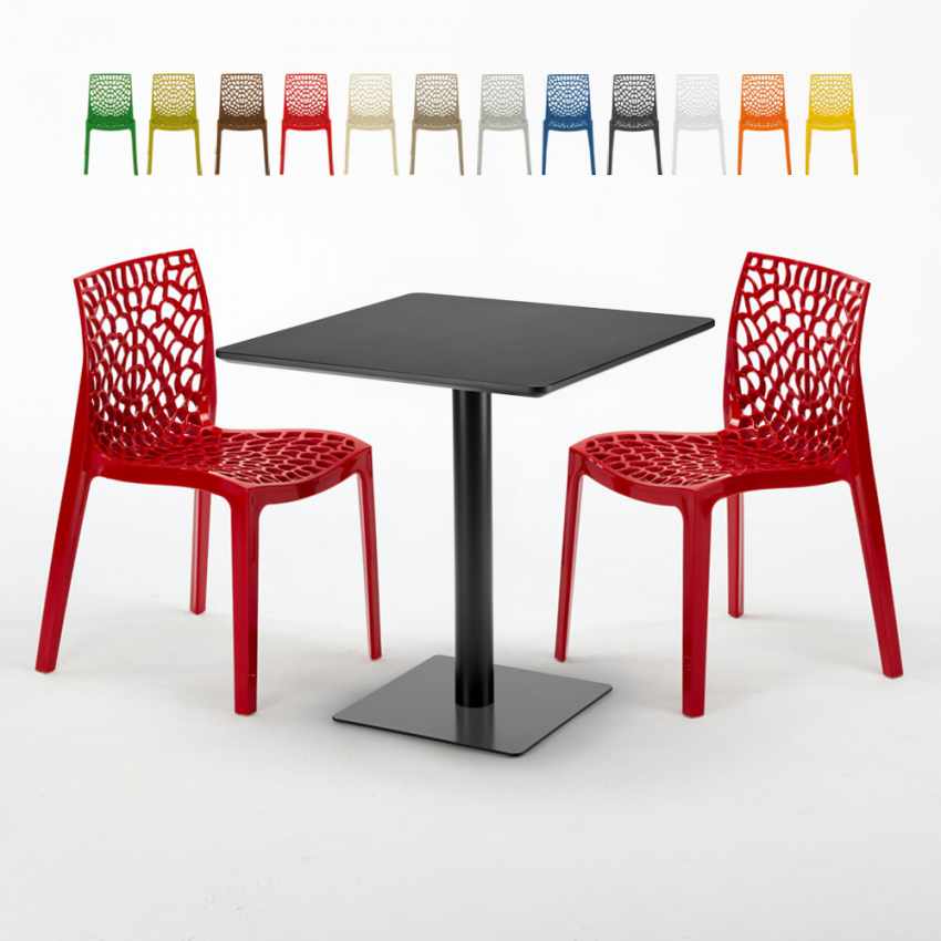 Table carrée noire 70x70 avec 2 chaises colorées Gruvyer Kiwi | Leroy ...