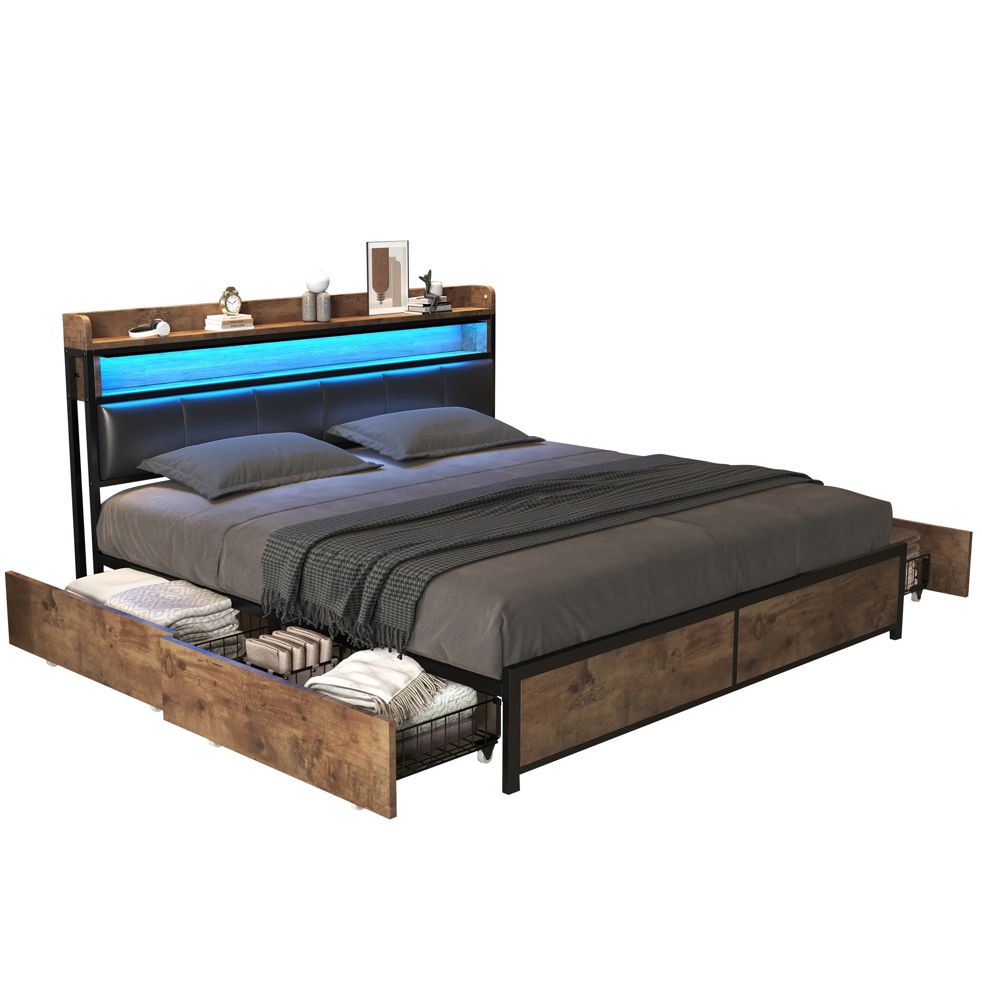 Lit LED 160x200, 4 tiroirs, sommier lattes, PU, noir | Leroy Merlin