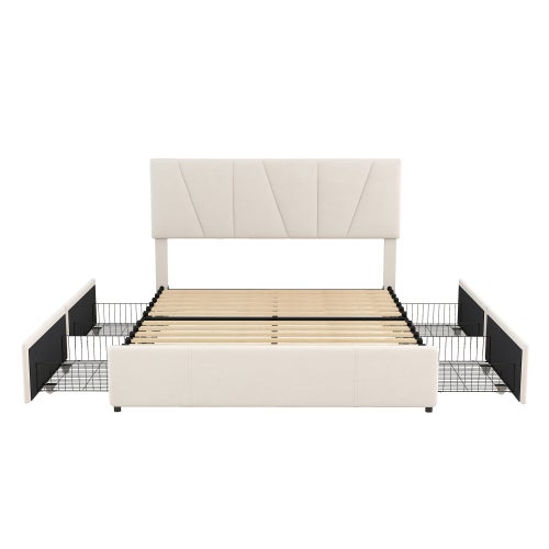 Lit plateforme double en velours beige avec quatre tiroirs, (140 x 200 ...