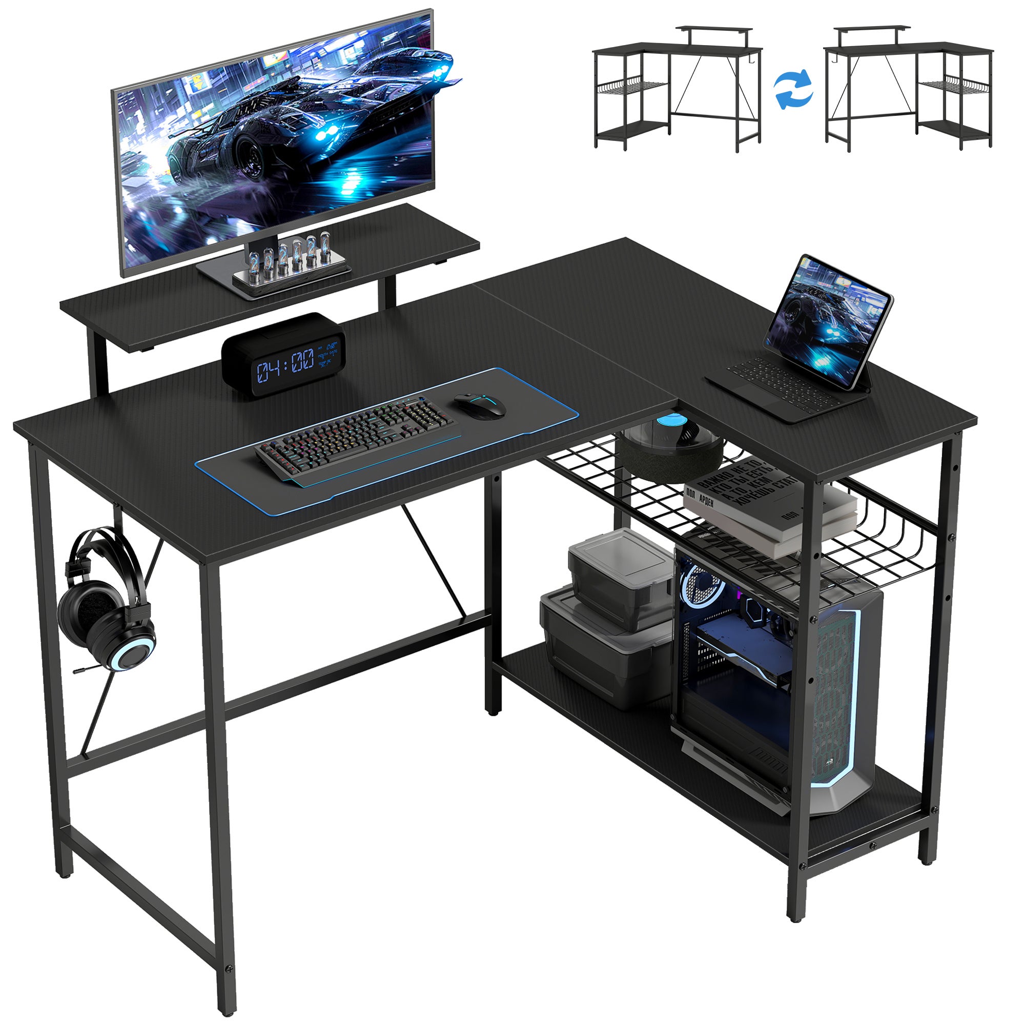 Bureau de jeu réversible, Bureau d'angle gaming, Support pour moniteur ...