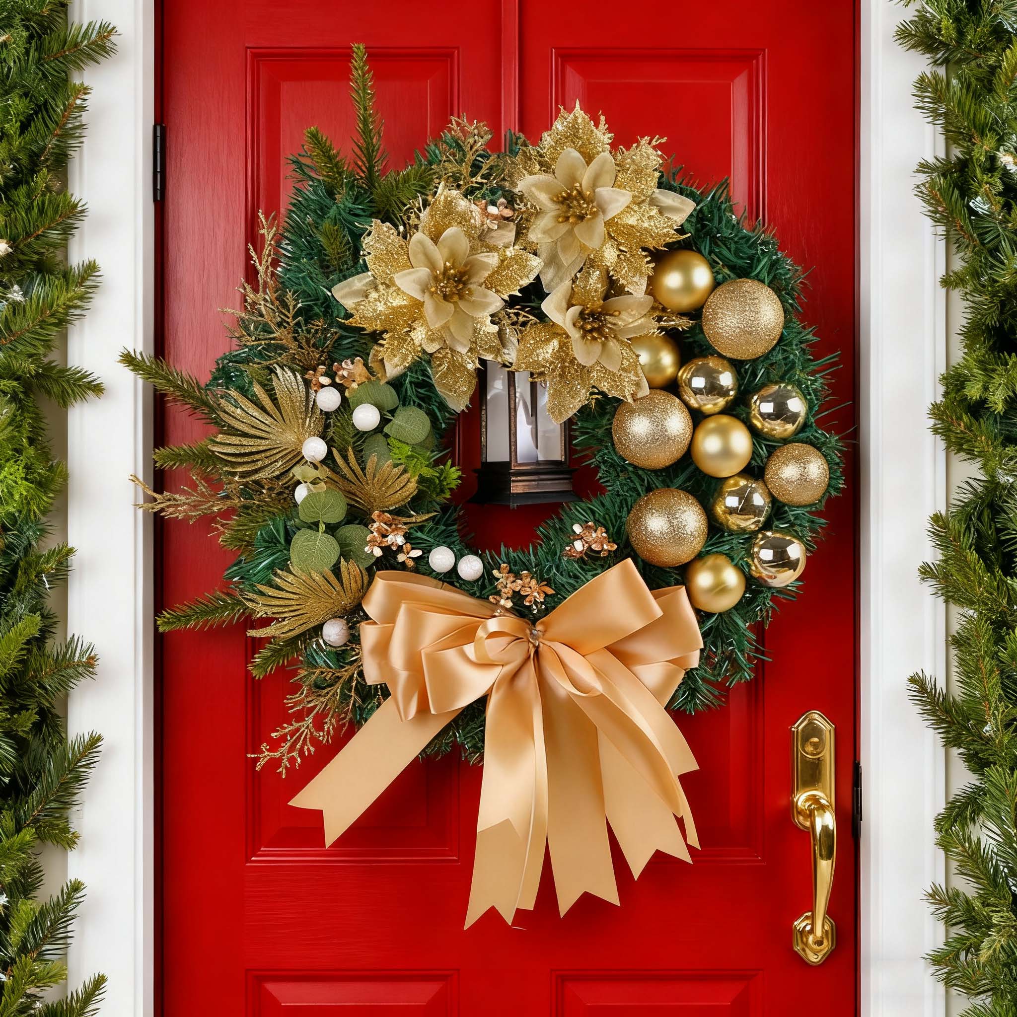 Corona de Navidad dorada con vela LED y adornos, guirnalda artificial ideal para puerta y ...