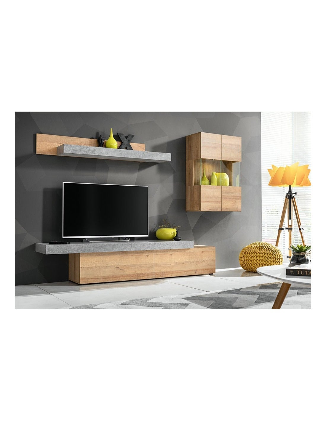 Ensemble salon ALLURE. Composition TV murale coloris bois et gris effet béton. LED incluses ...