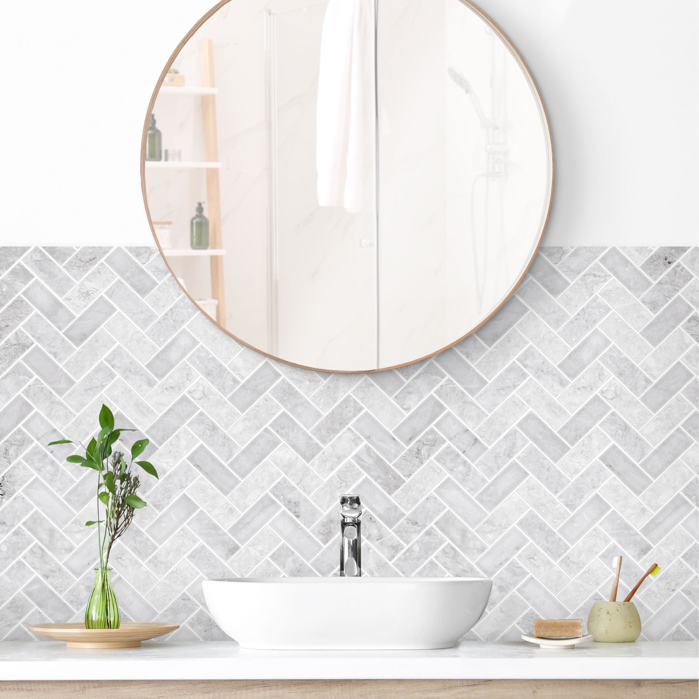 Revestimiento de pared para baño - Marble Fish Bone Tiles - Grey 400 x ...