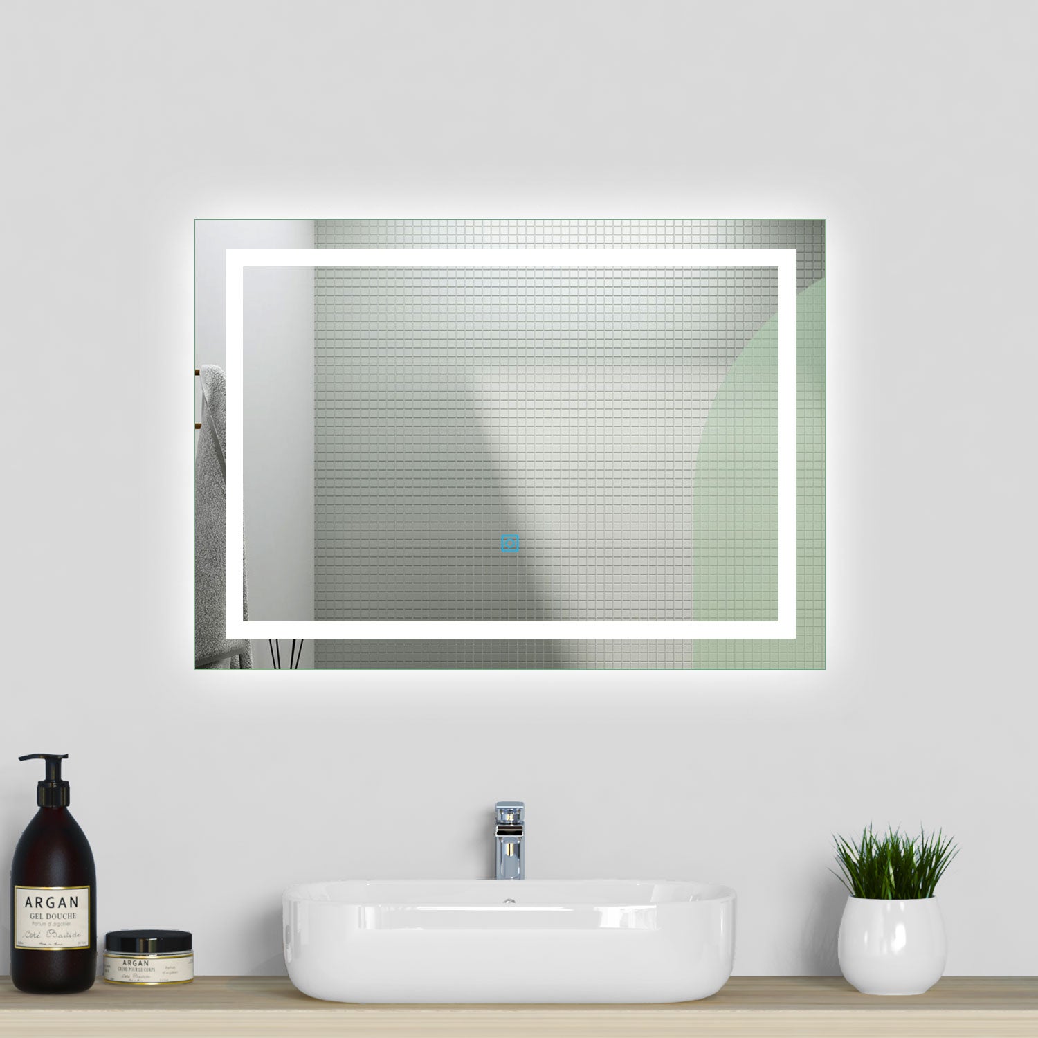 Miroir lumineux l.80 x H.60cm avec Anti-buée, Mural Miroir salle de ...