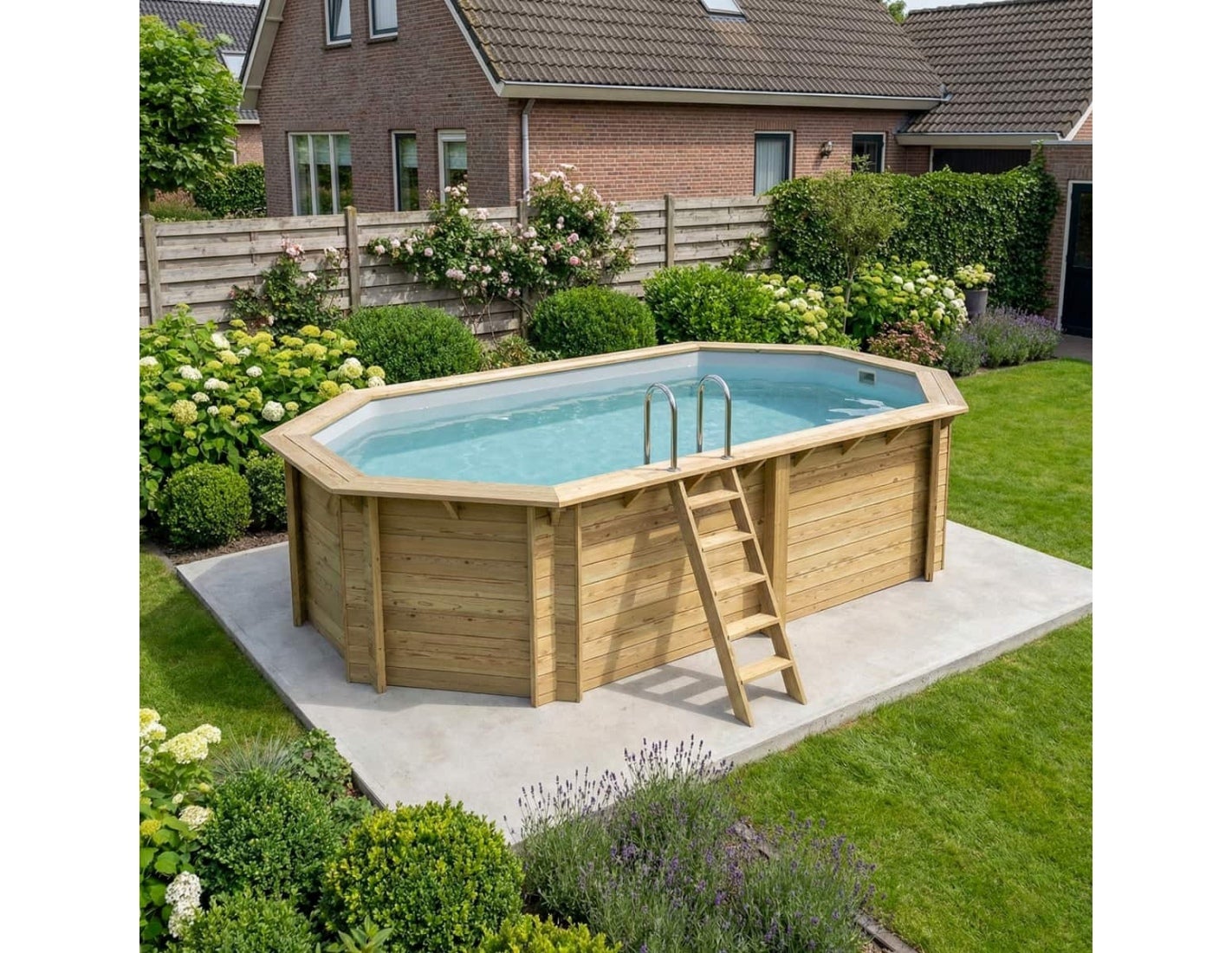 Piscina de madera de madera NEMO 5.79 x 3.49 – H.1.45 m, gris, sobre ...