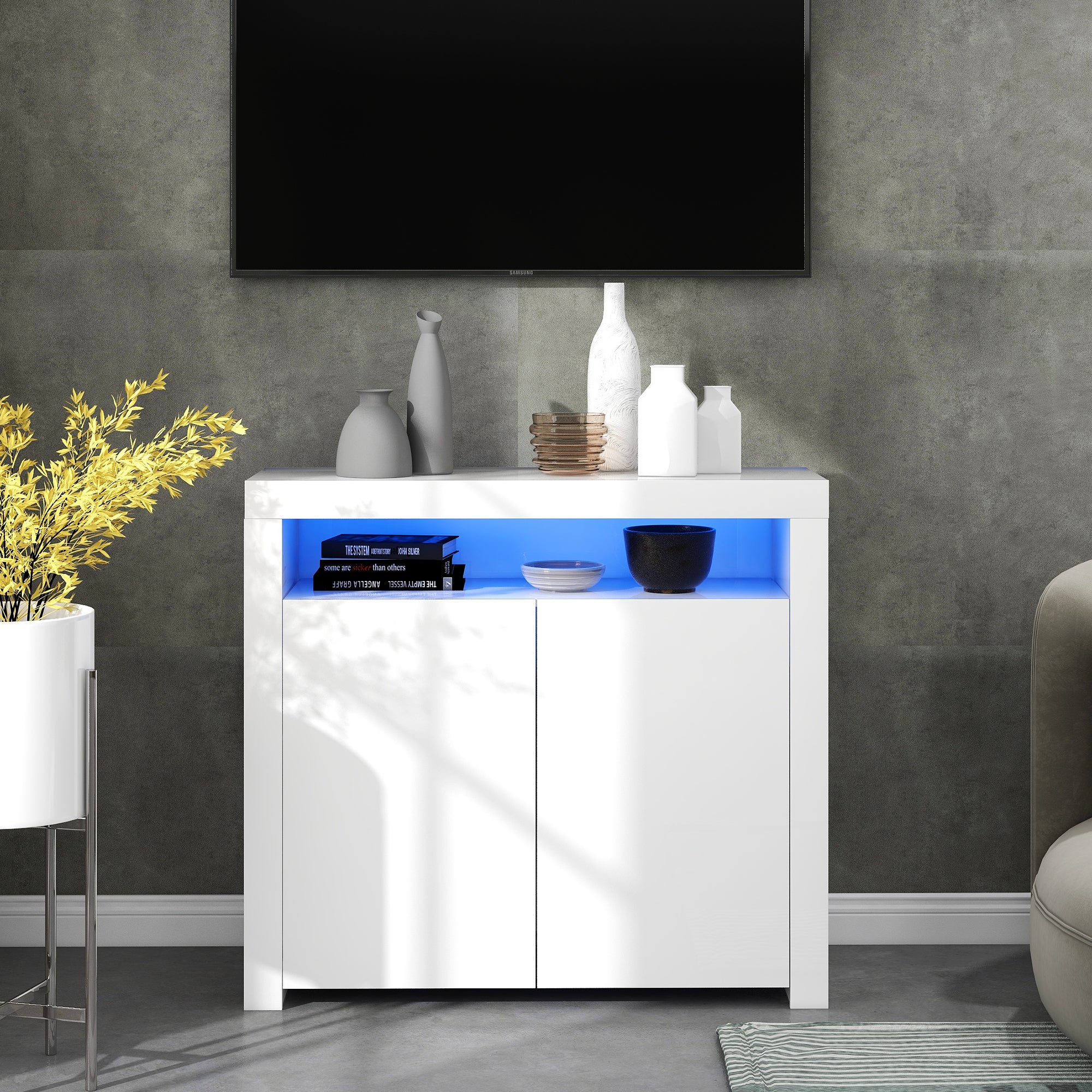 Buffet bas blanc brillant avec 2 portes et 1 niche - LEDs - Panneaux de ...