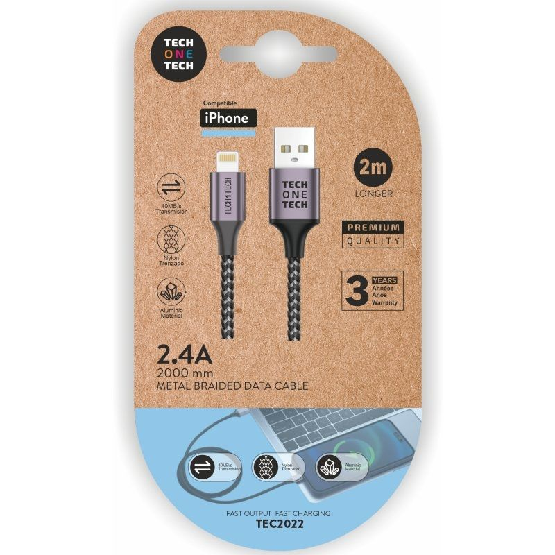 Cble Tech One Tech USB 2.0 TEC2022/ USB Mle - Lightning Mle/ 2m/ Gris ...