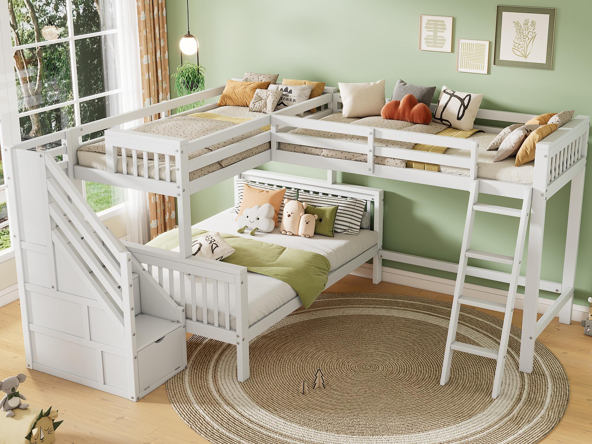 Lit superposé triple en bois massif - 2x90x200cm + 140x200cm - avec ...