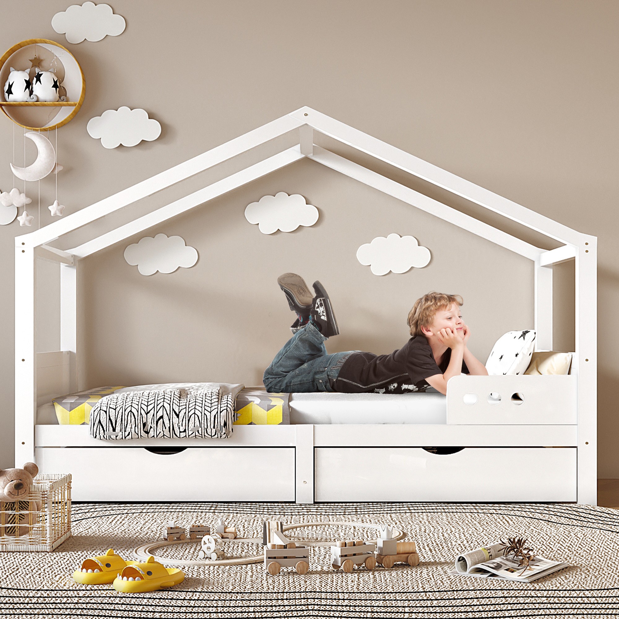 Cama infantil, con cajones dobles y protección contra caídas, pino, 90 ...