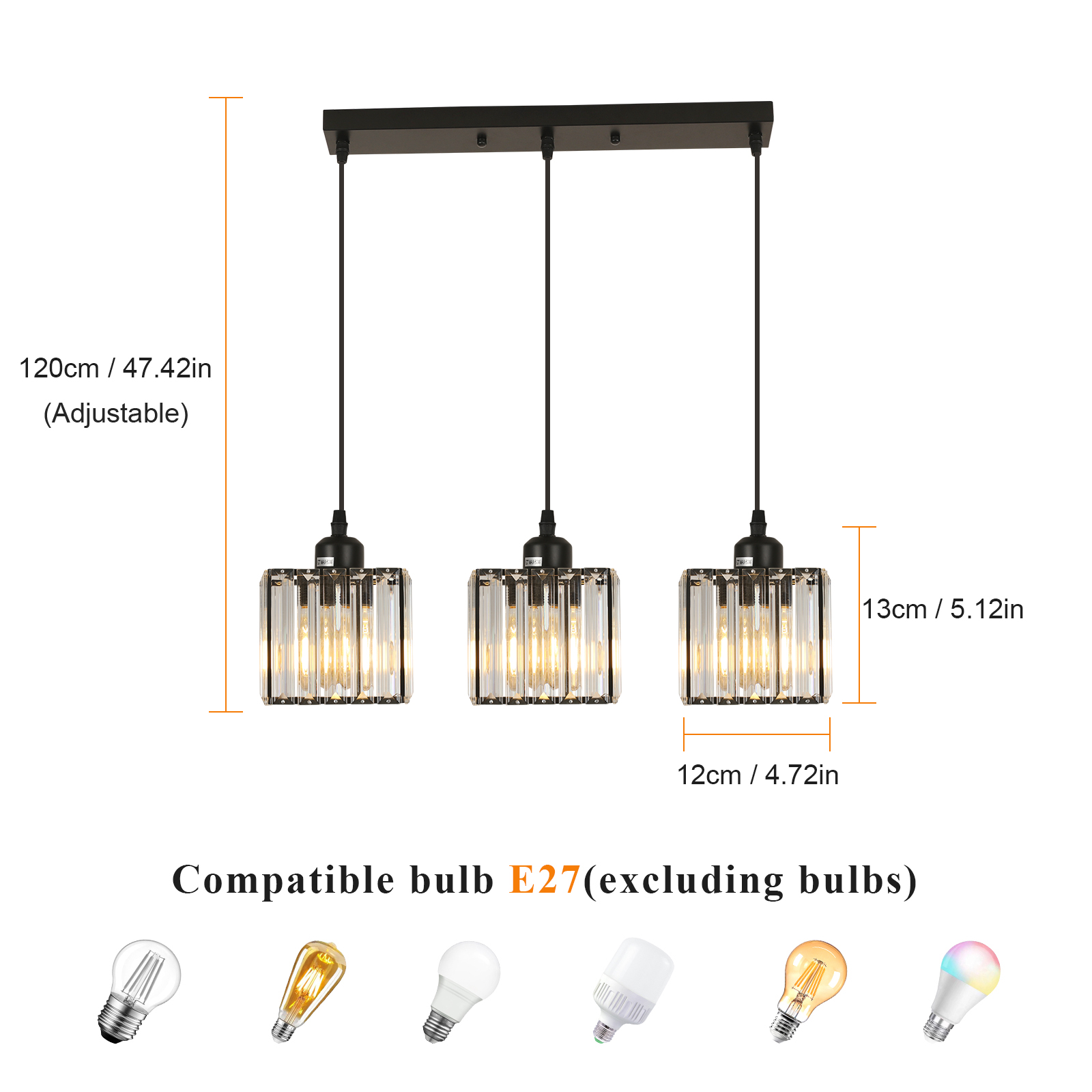 COMELY Suspension Moderne en Cristal à 3 Lumières E27, Lustre Intérieur ...