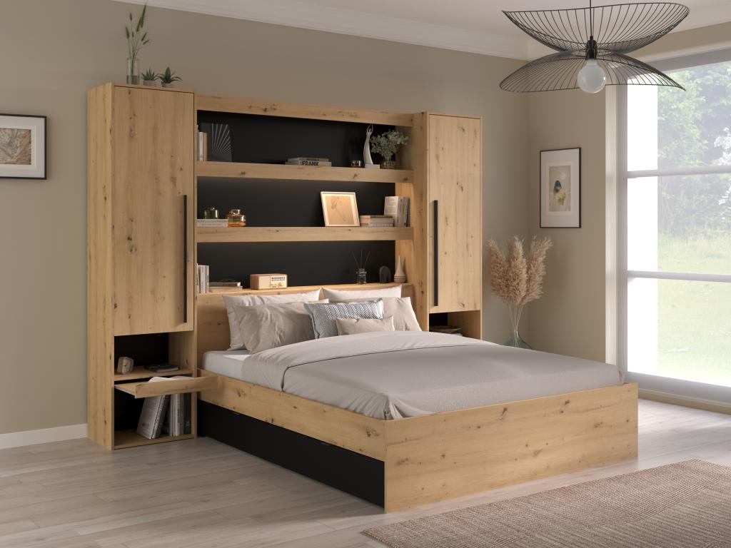 Lit pont 140 x 190/200 cm avec rangements - Avec LEDs - Coloris ...