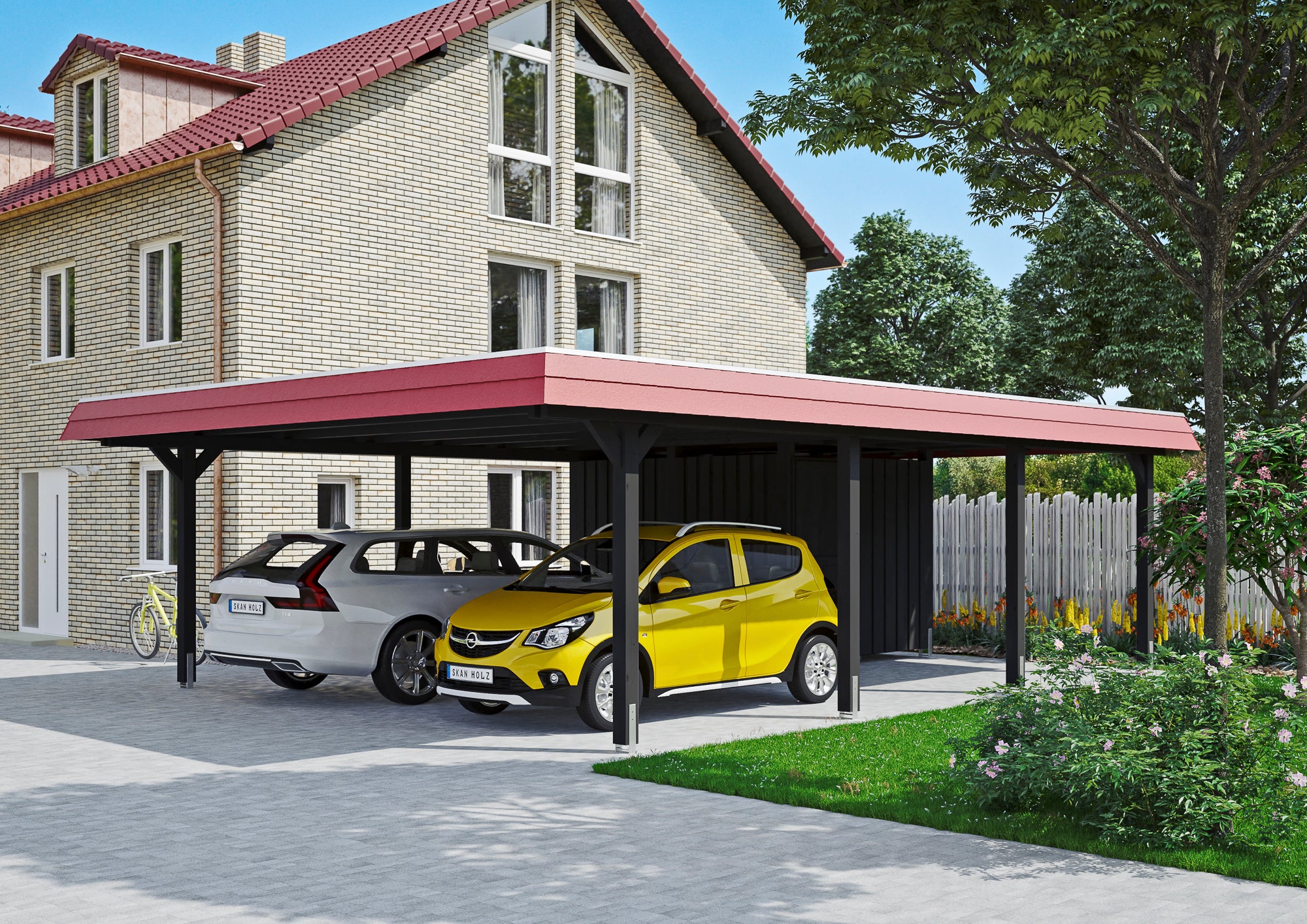 Carport bois SKAN HOLZ Wendland 630x879cm avec remise, toit en aluminium, bandeau rouge, bois ...