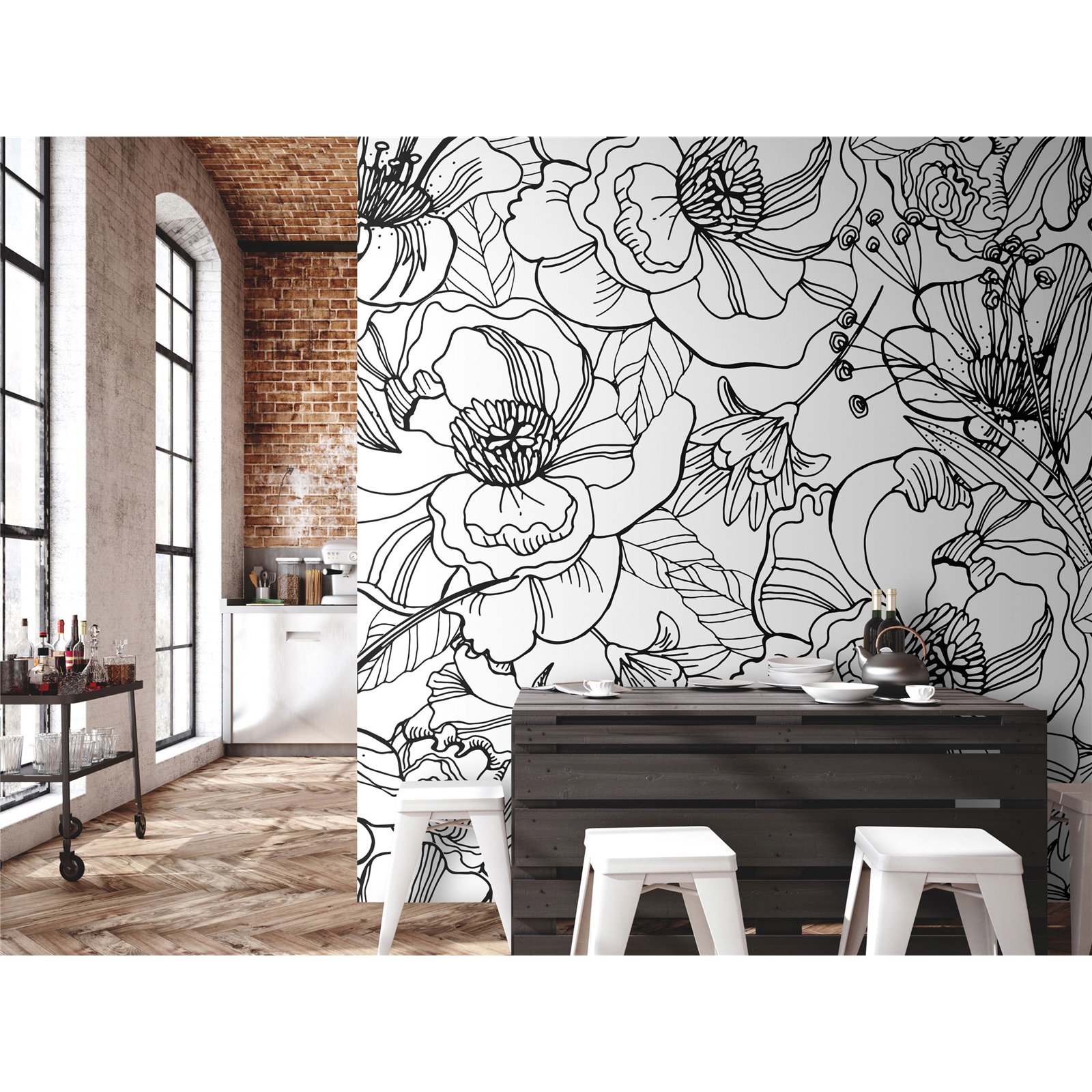 Papier peint à colorier - Fleurs fines en noir et blanc - 150 x 105 cm ...