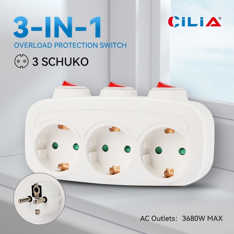 CILIA Regleta 3 en 1 con 3 interruptores independientes, 16 A, 250 V, 3 ...