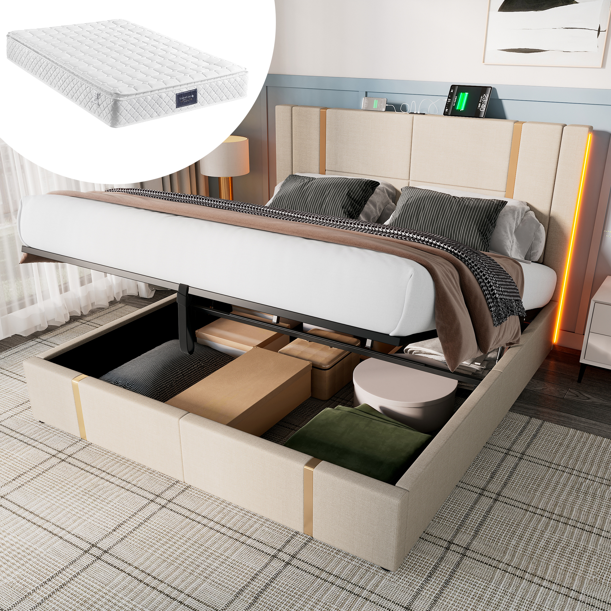 Lit Double 140x200 avec sommier en bois, matelas et LED - Tête de lit ...