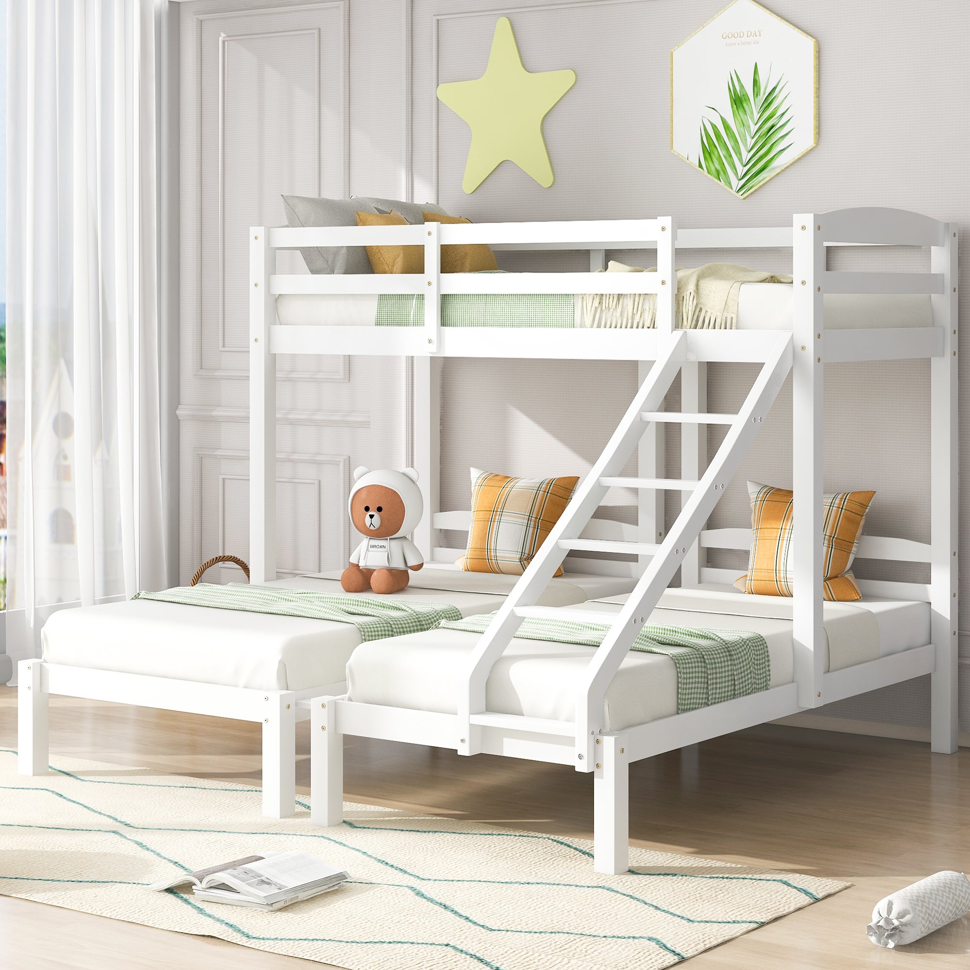 Litera infantil 3 x 90 x 200 cm en pino, somier incluido, blanco ...