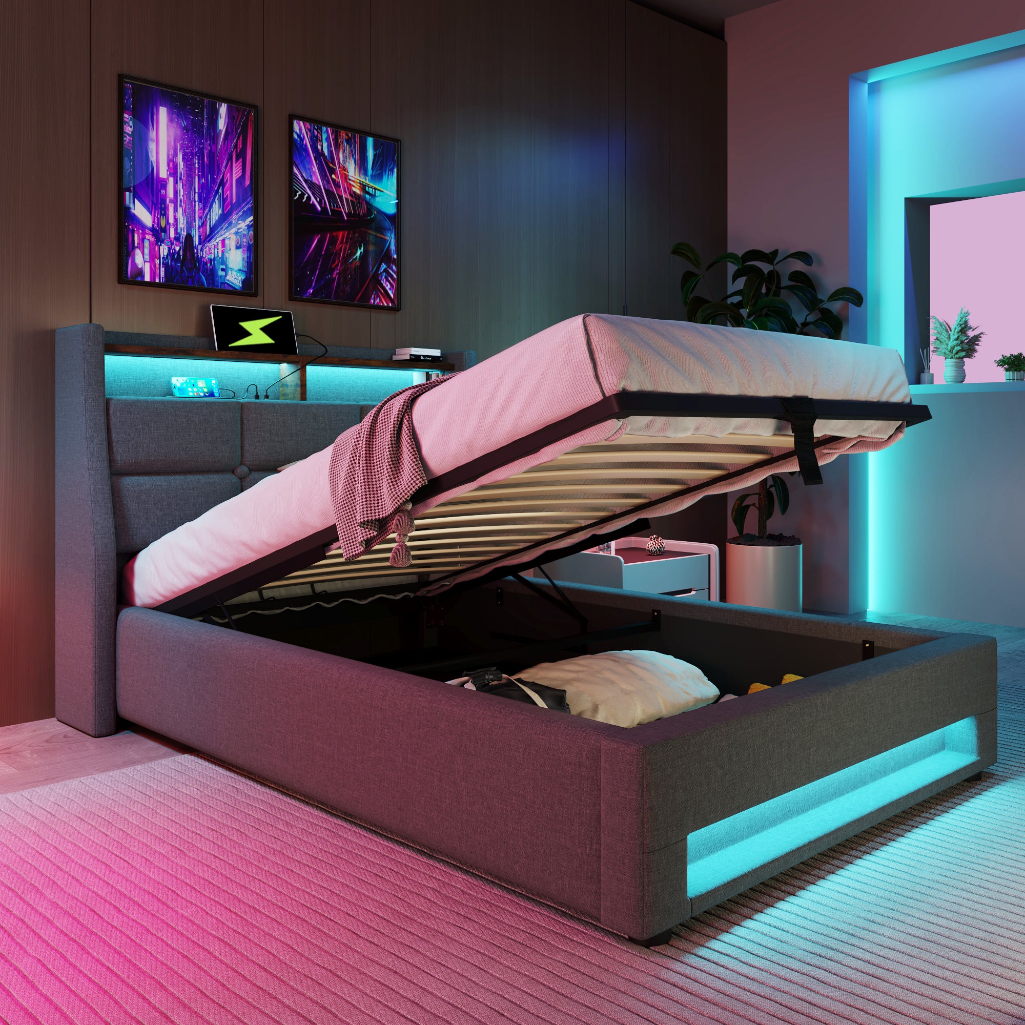 Lit pour jeunes 90x200 cm avec USB LED structure métallique toile de ...