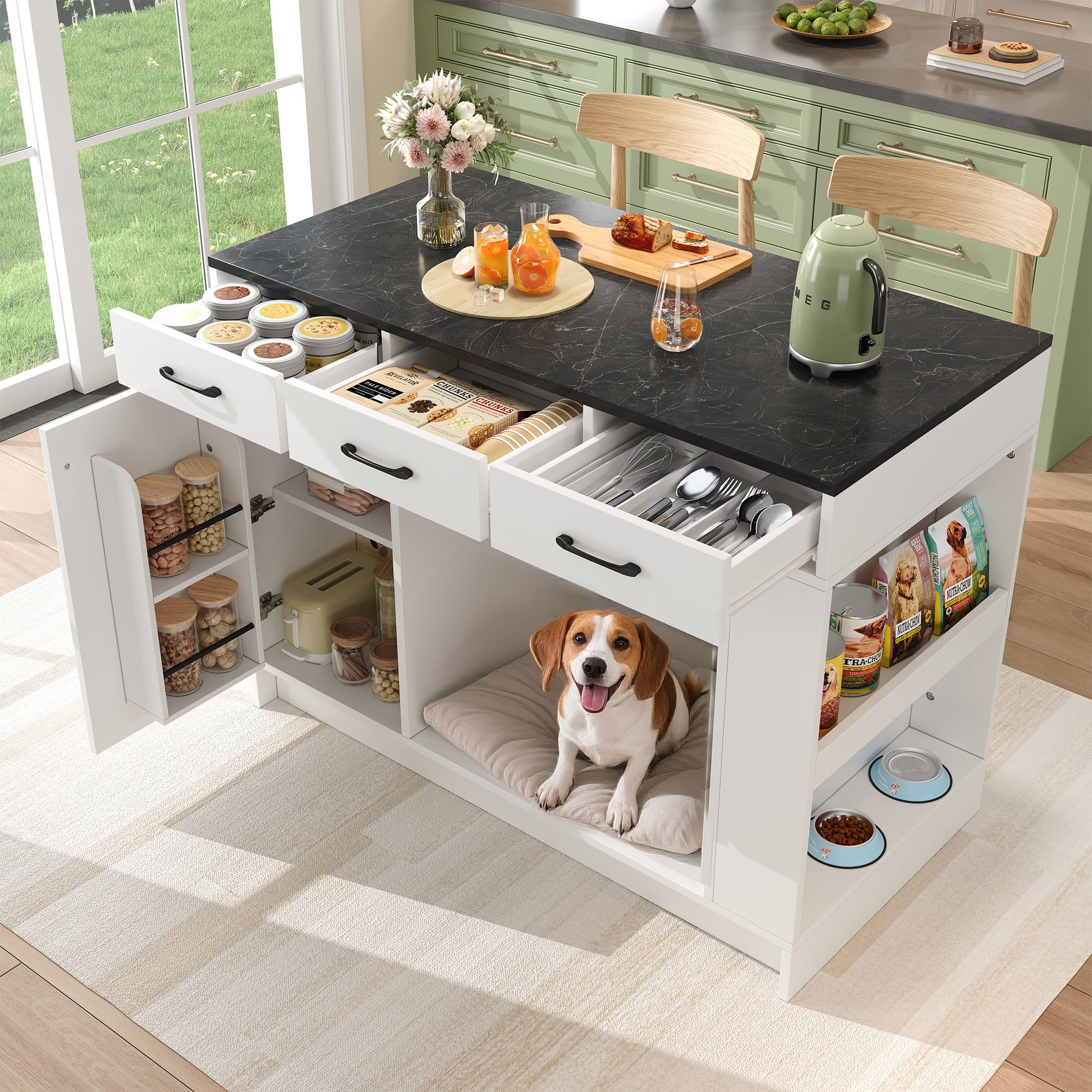 Îlot cuisine 120 cm 3 tiroirs étagère épices rangement animaux blanc ...