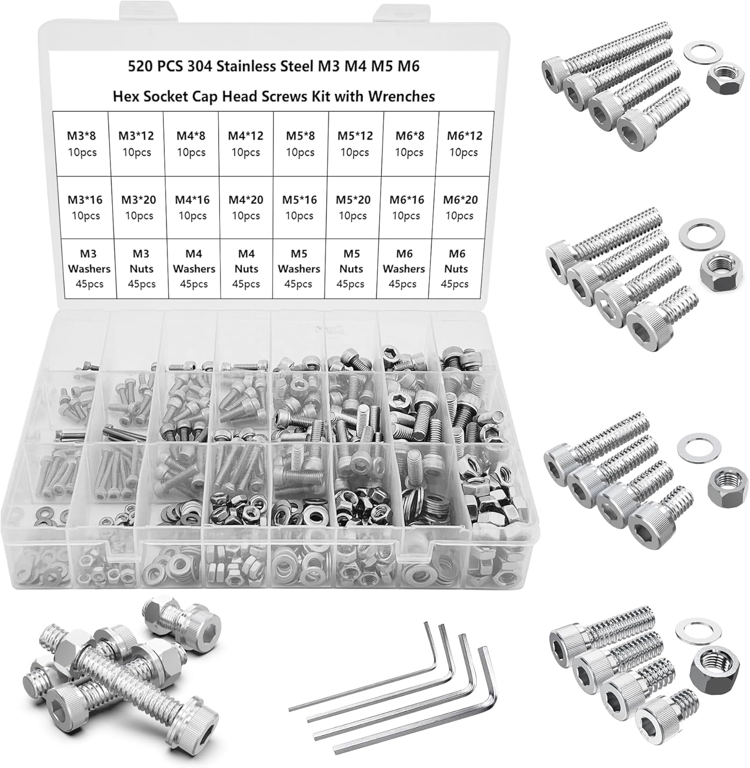 Vis et Ecrou M3/M4/M5/M6 520PCS Kit Assortiment Vis Boulons Vis à Tête Cylindrique à Six Pans ...