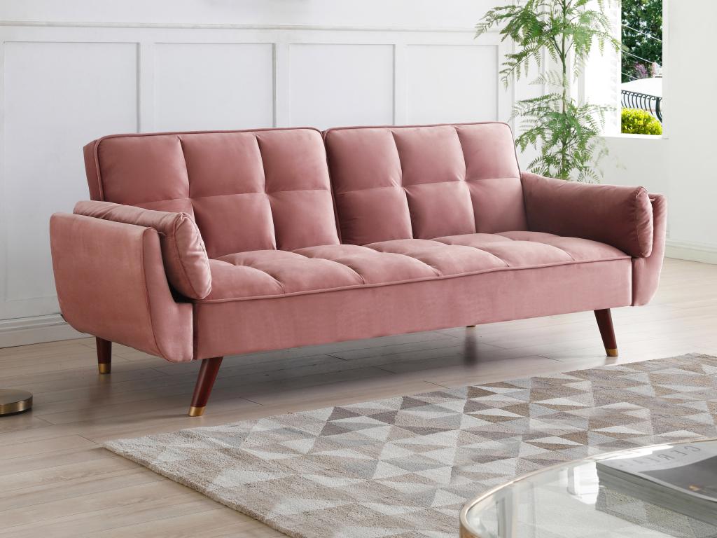 Canapé 3 places convertible clic-clac en velours rose GULCAN | Leroy Merlin