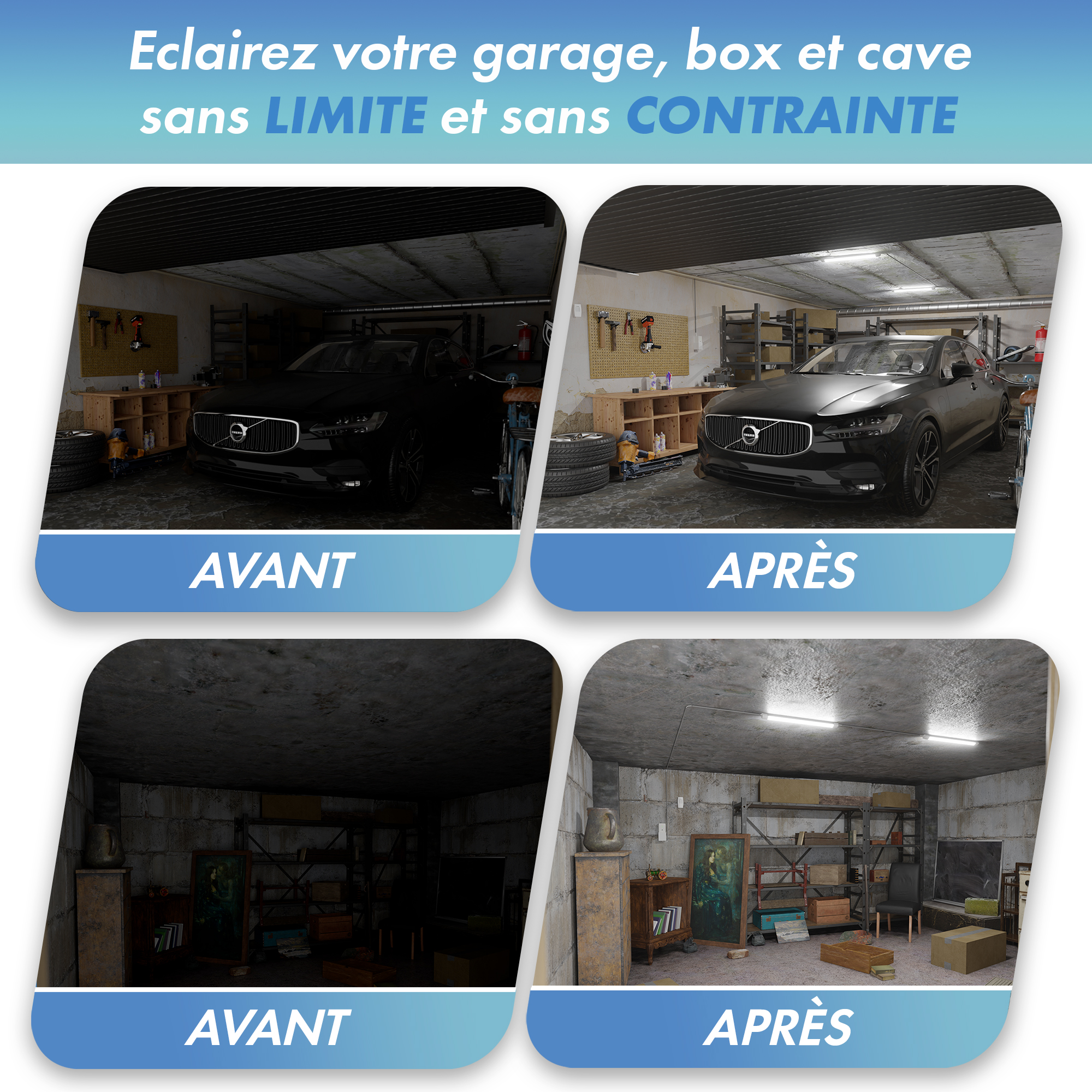 Kit éclairage sans fil garage box cave sous sol - 2 réglettes led - 1 ...