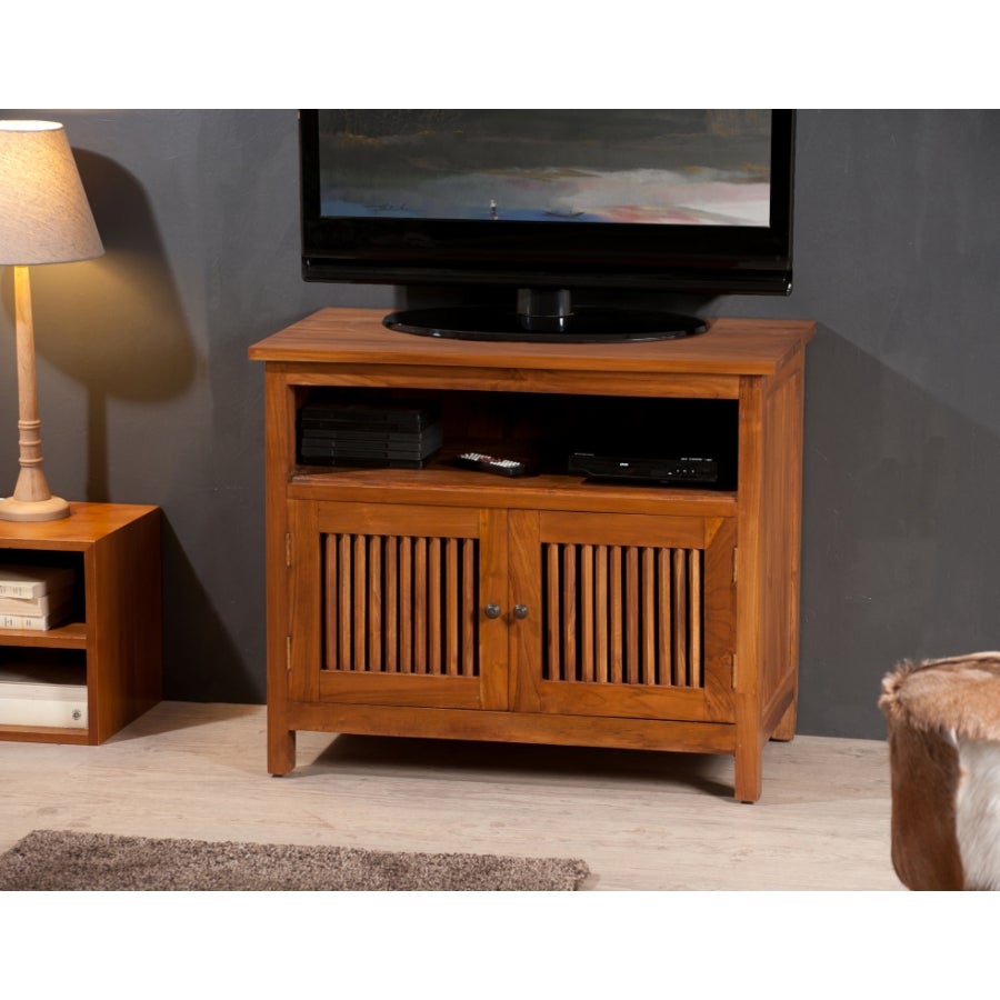 AYAN - Mueble TV 2 puertas con lamas de madera de teca marrón | Leroy ...