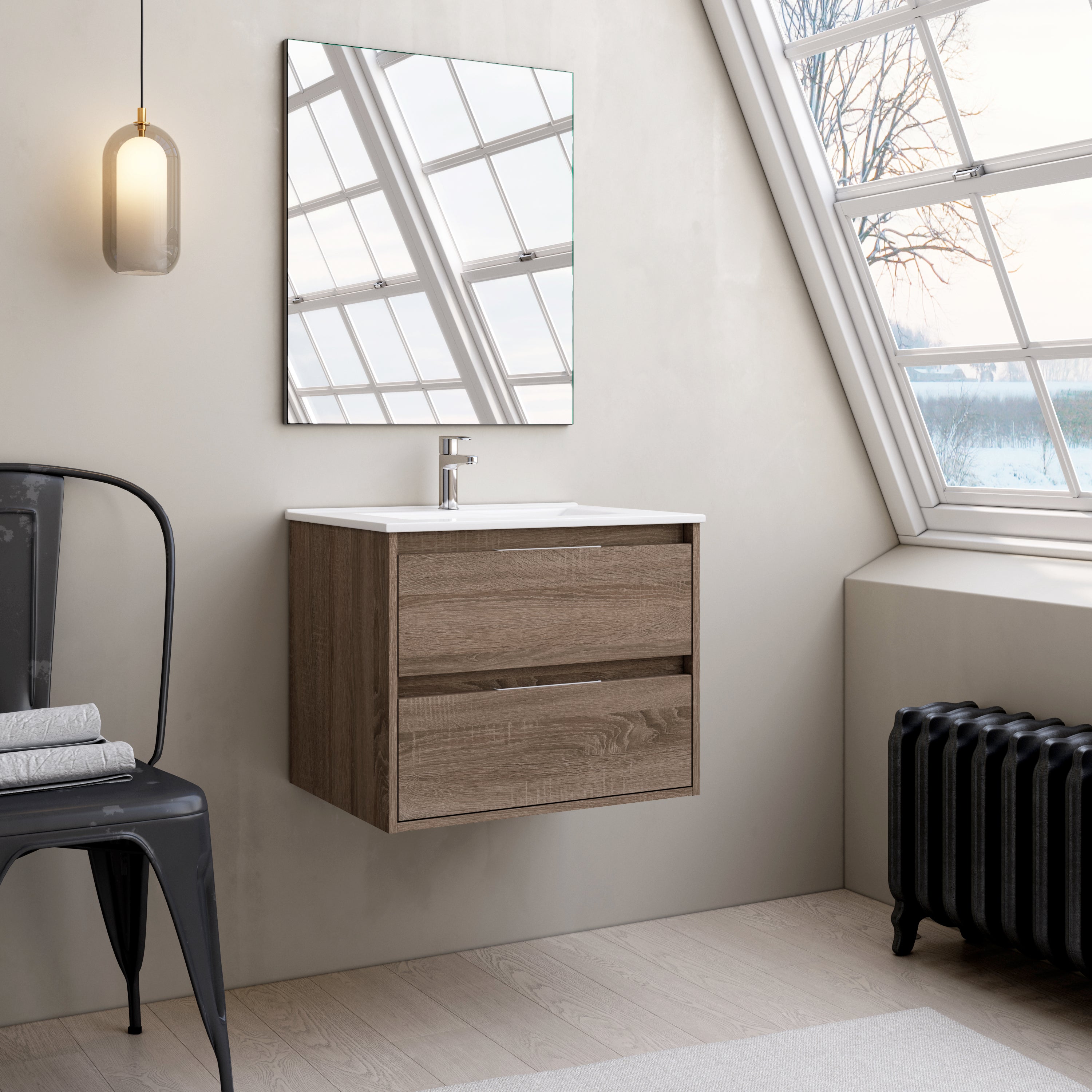 EGORE Pack Meuble de salle de bain avec lavabo + Miroir PISA 2 Tiroirs ...