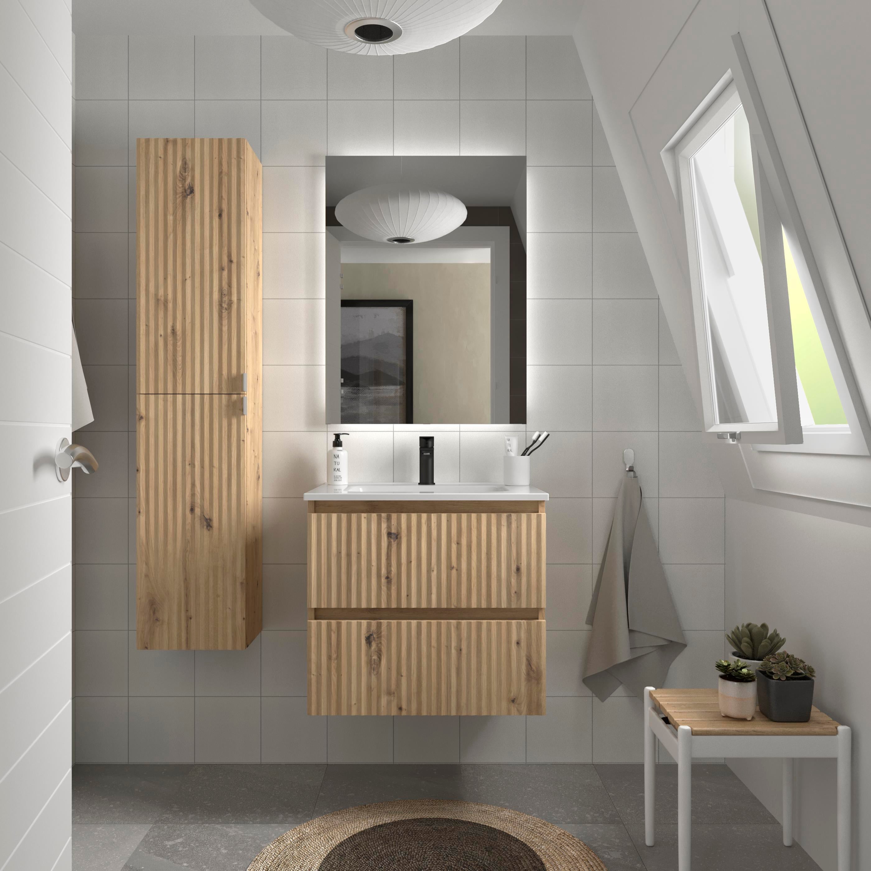 Mueble de Baño KIRA 60cm Roble 2 cajones Lavabo 1 poza Porcelana ...