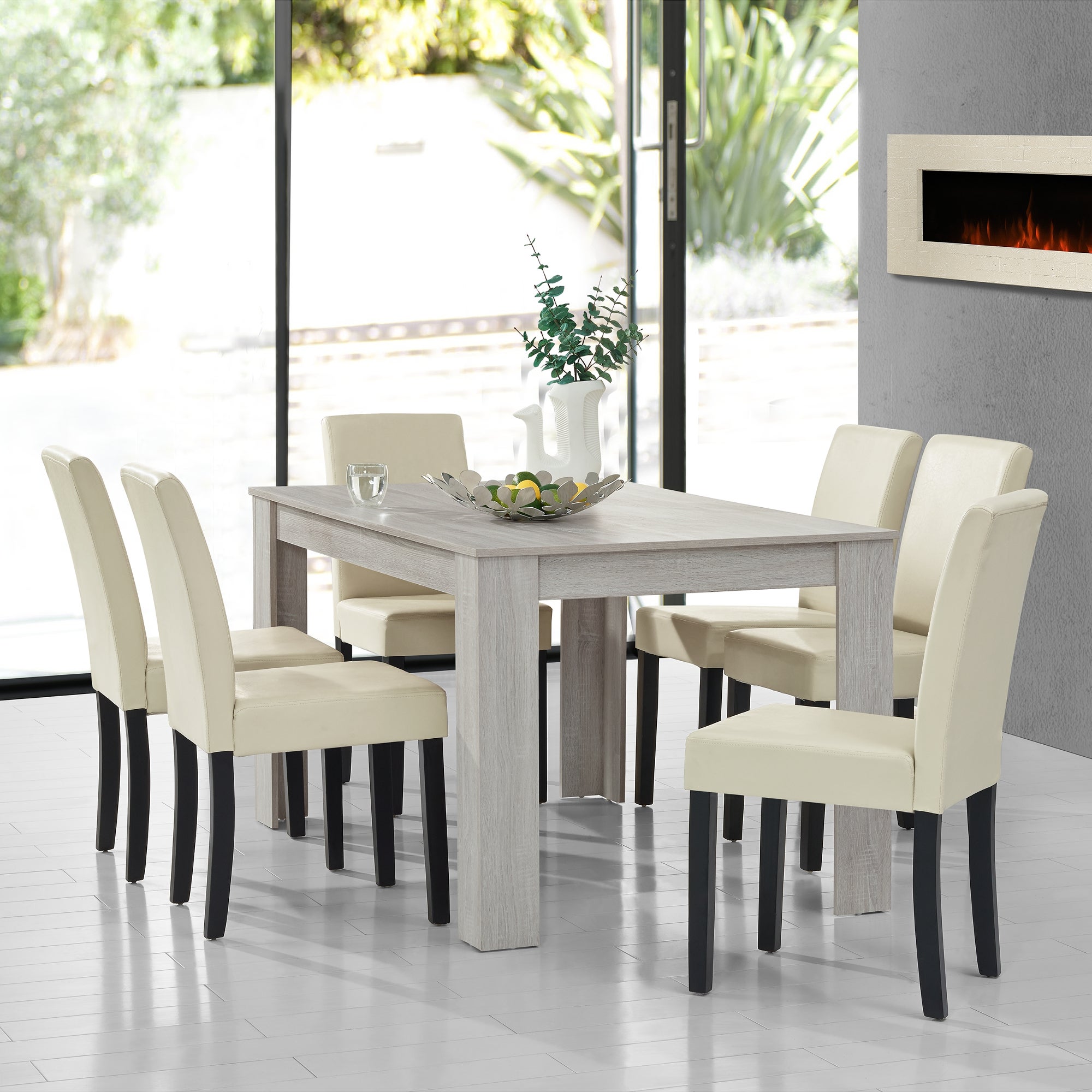 Table à manger chêne blanc 140 x 90 cm avec 6 chaises crème [en.casa ...