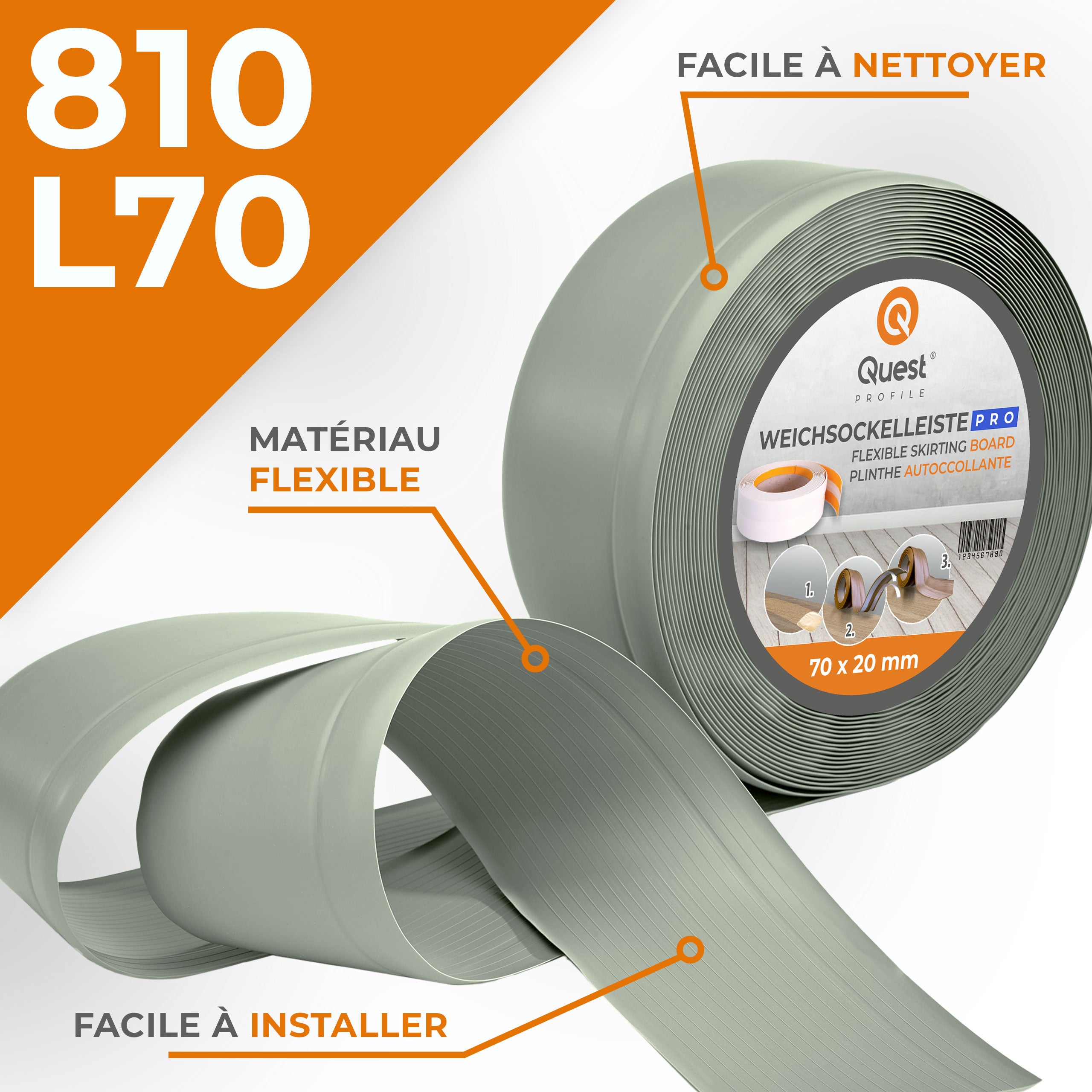 QUEST Rodapié PVC, zócalo de PVC 70x20mm, 10m, rodapiés suaves y ...