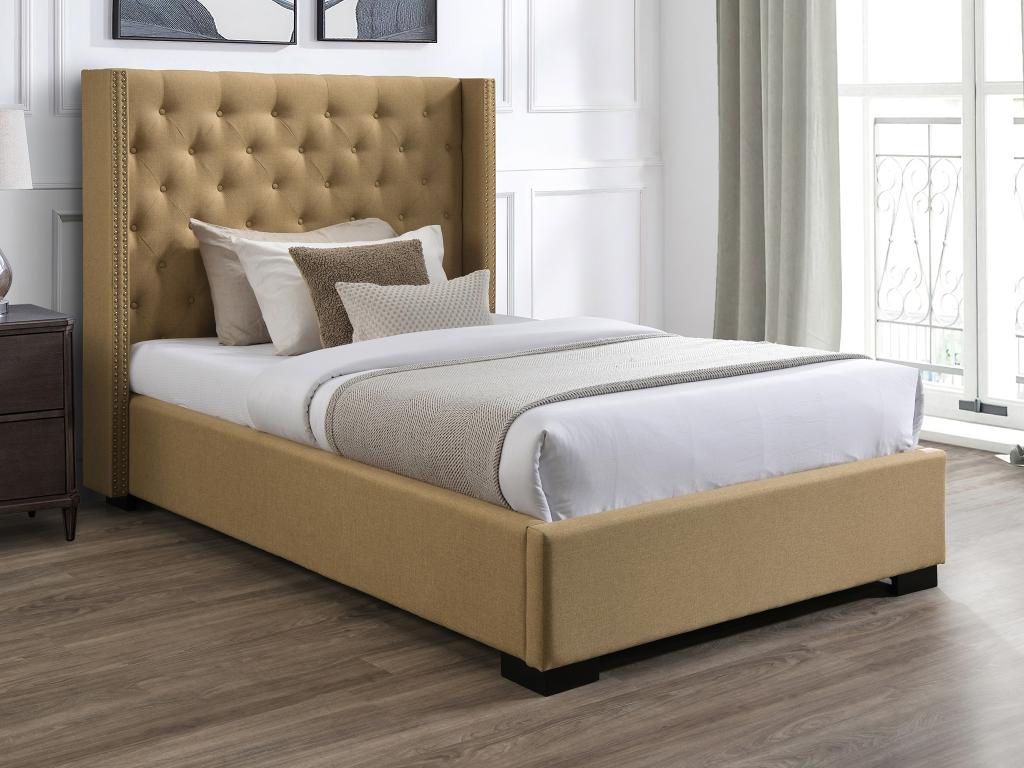 Lit 120 x 200 cm avec tête de lit capitonnée - Tissu - Beige + Matelas ...