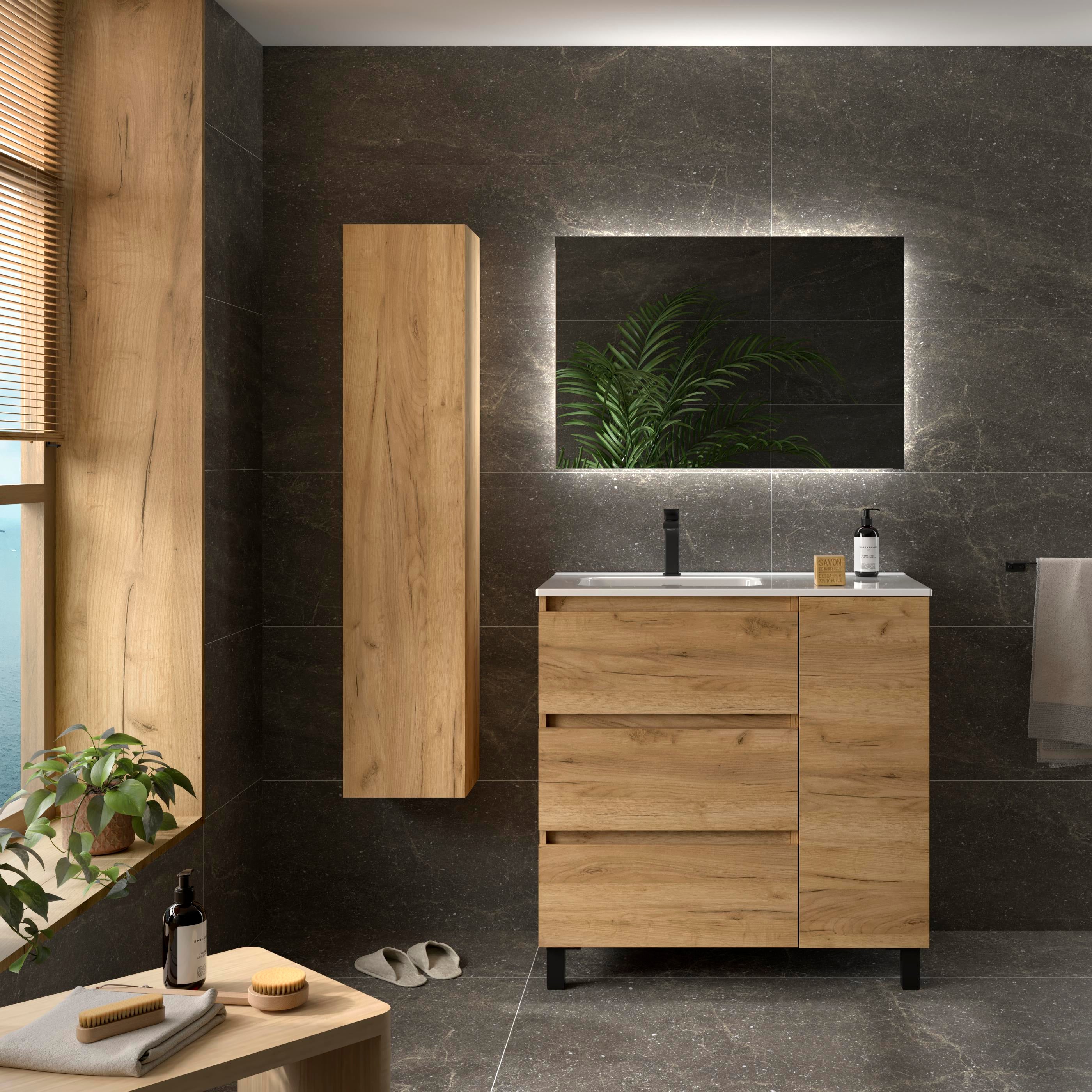 Meuble de salle de bain BEQUIA PLUS 3C 110cm Chêne Vasque Porcelaine ...