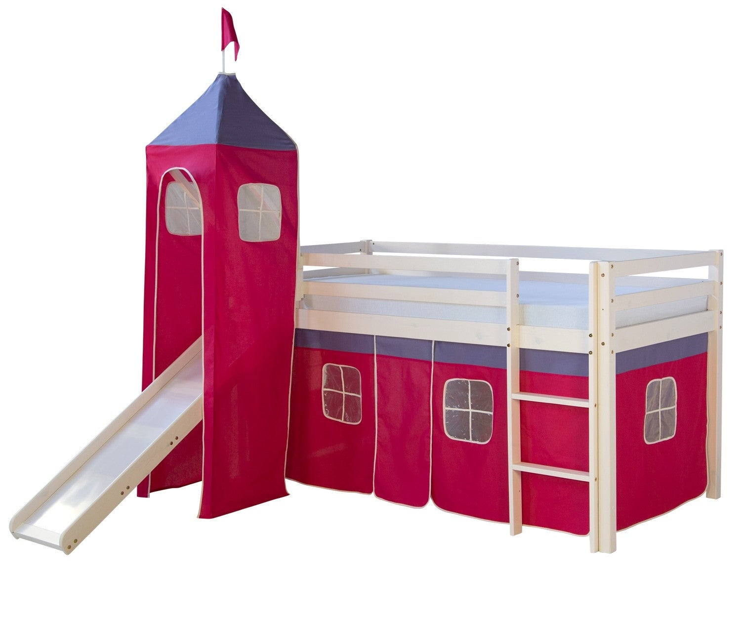 Lit mezzanine 90x200cm avec échelle toboggan en bois blanc et toile ...