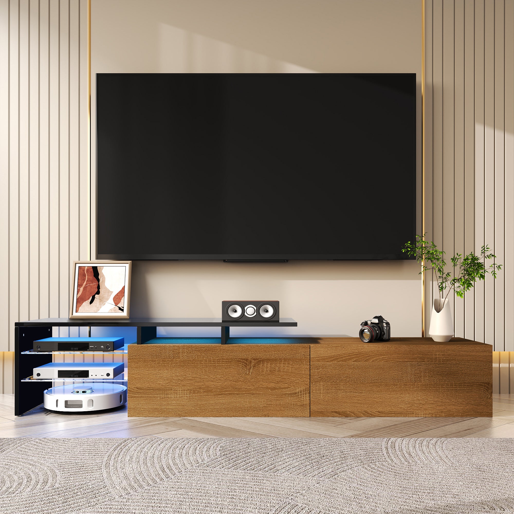 Commode TV Design Moderne - Noir, Optique Bois, Plateau Verre, LED ...