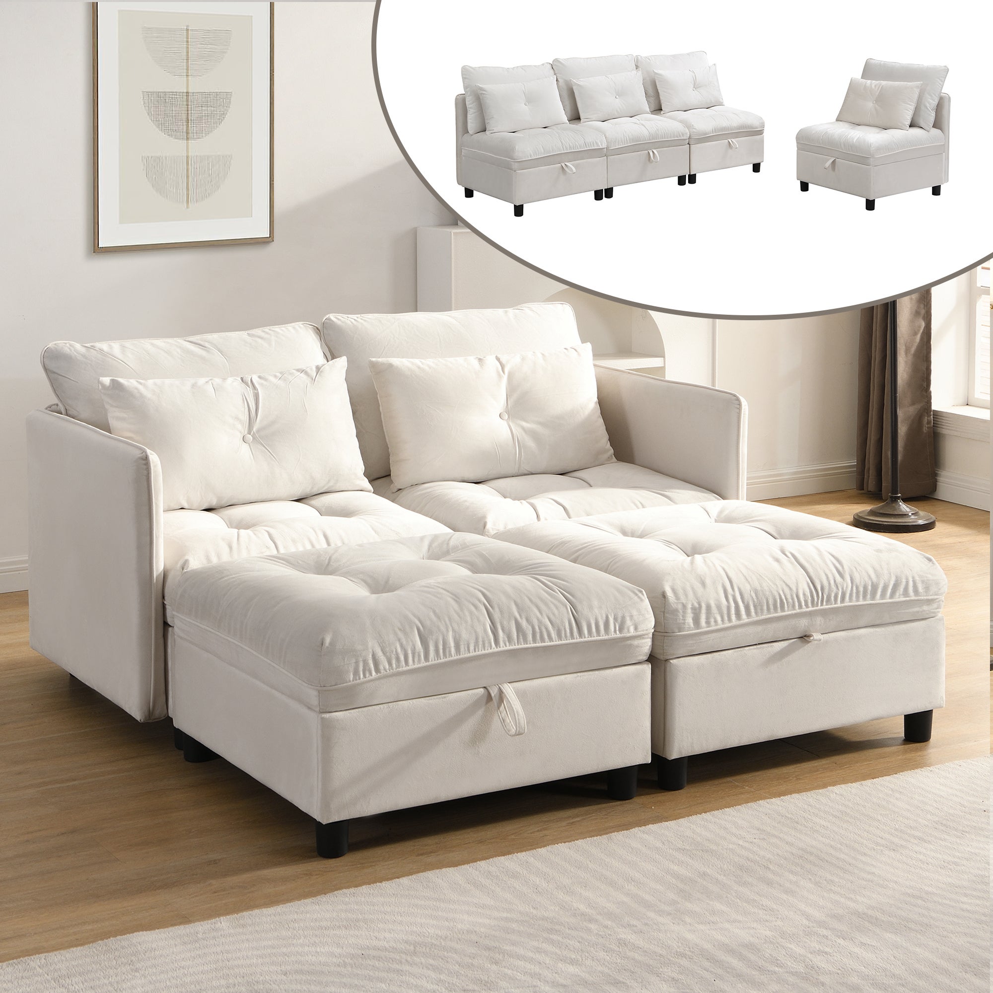 Sofá Modular 4 Plazas 274x76x87 cm, Almacenaje bajo Asiento, Cama ...