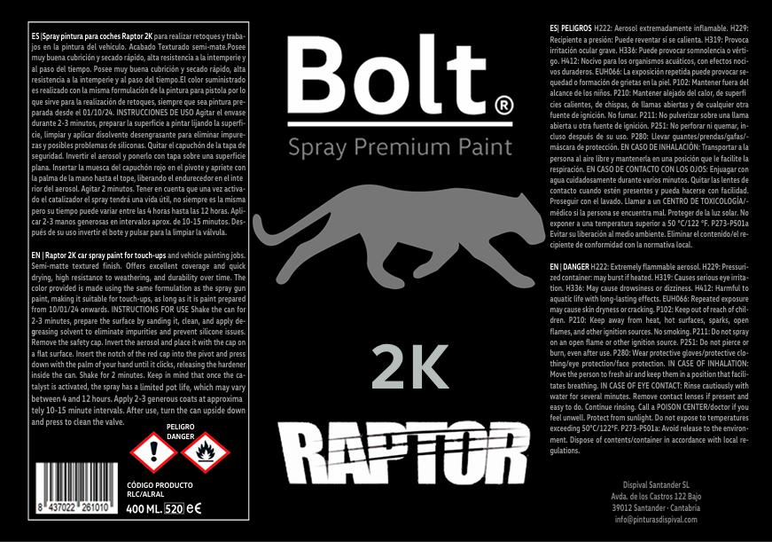 Bolt Spray Premium Paint - SPRAY BOLT PINTURA RAPTOR 2K COLORES RAL 400 ...