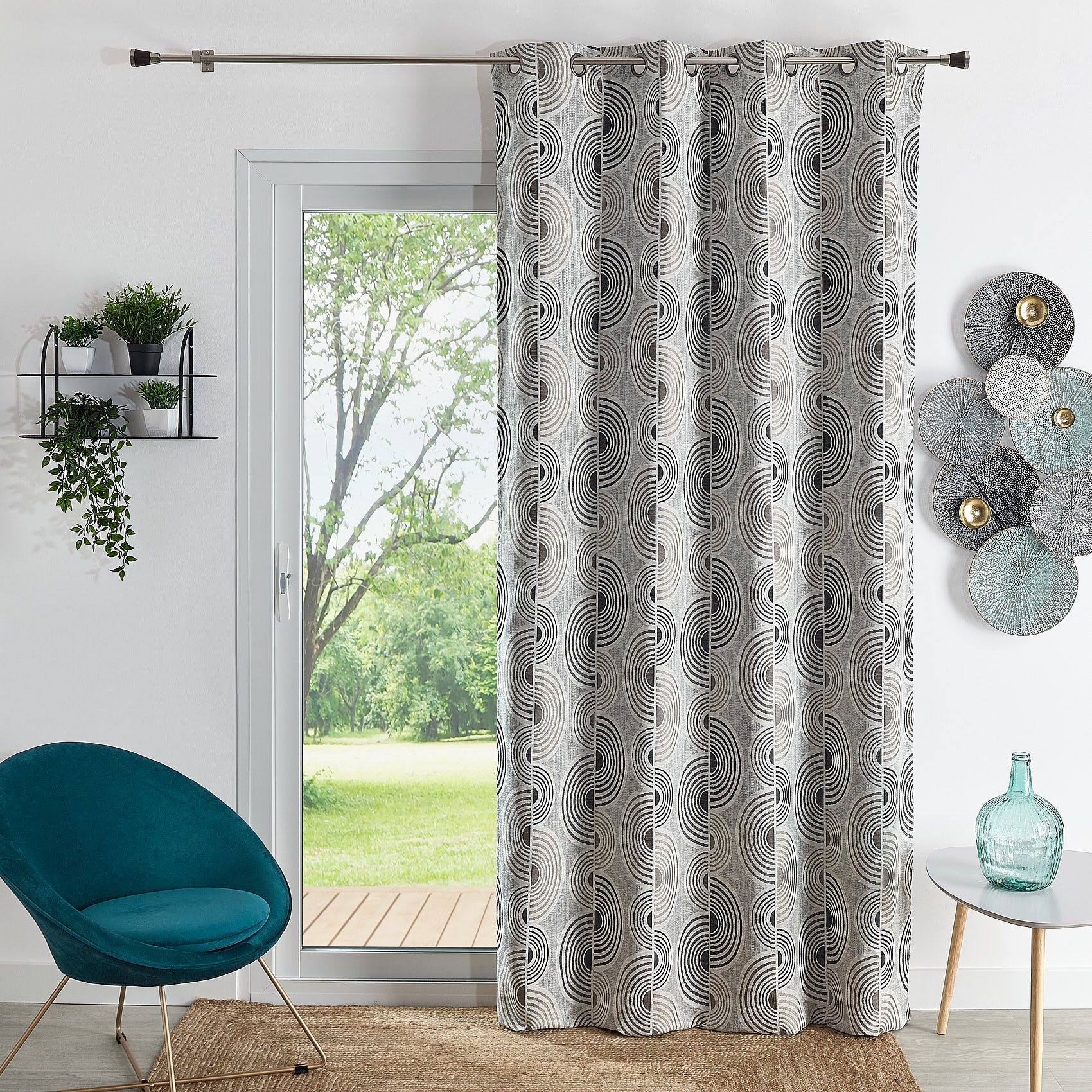 Rideau Jacquard Motif Demi-Cercles - Noir - 140x260 cm - Polyester ...