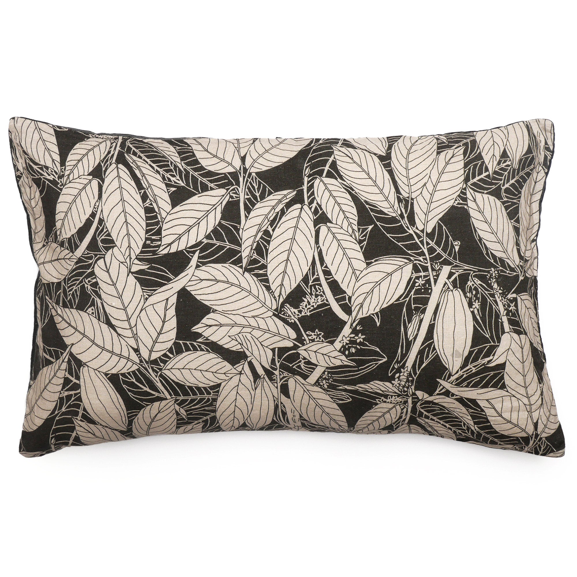 Housse de coussin 40x60 cm lin lavé imprimé végétal HELIOS noir Café ...