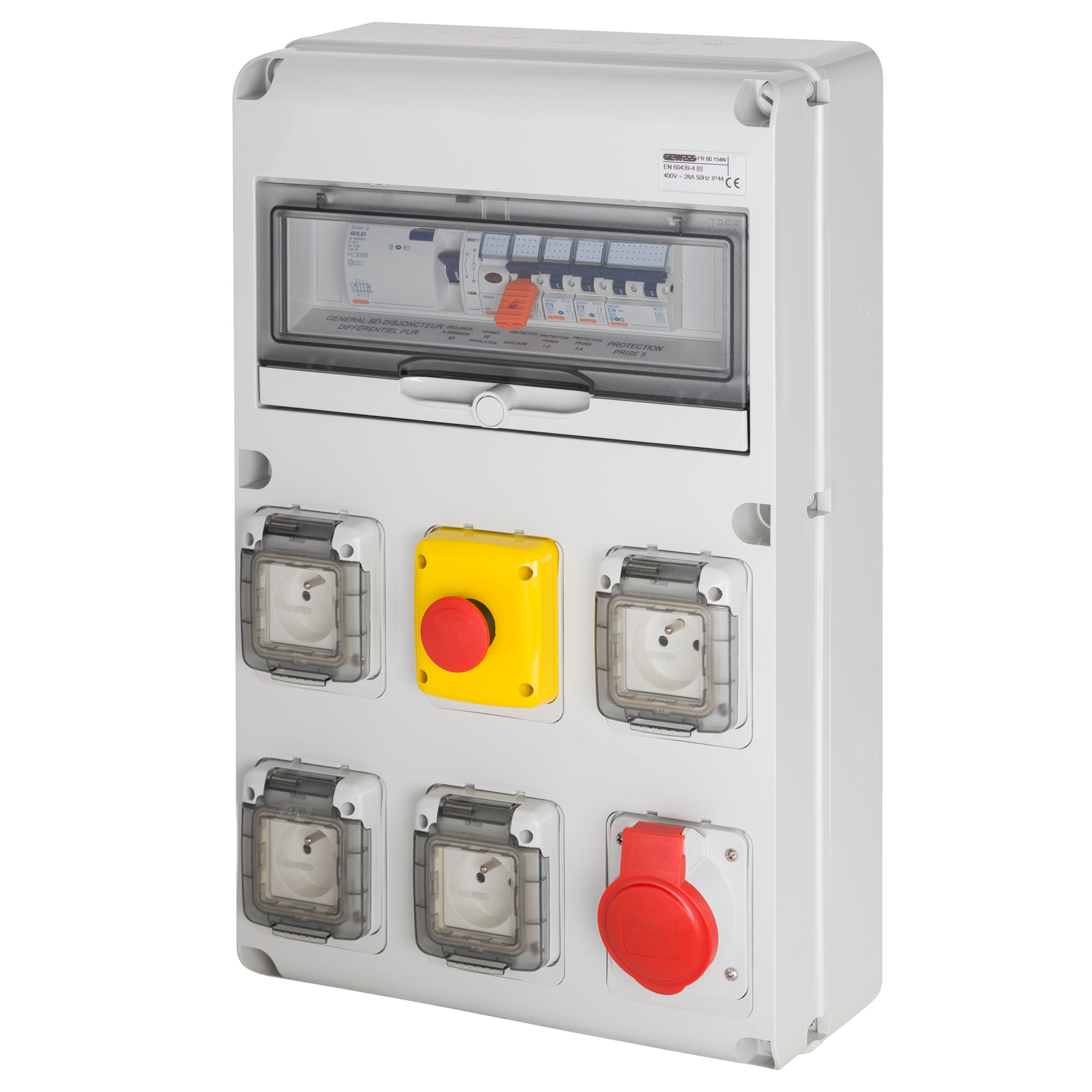 Coffret triphasé avec bouton d'arrêt urgence 16A, 4 prises 230V + 1 prise 400V, différentiel ...