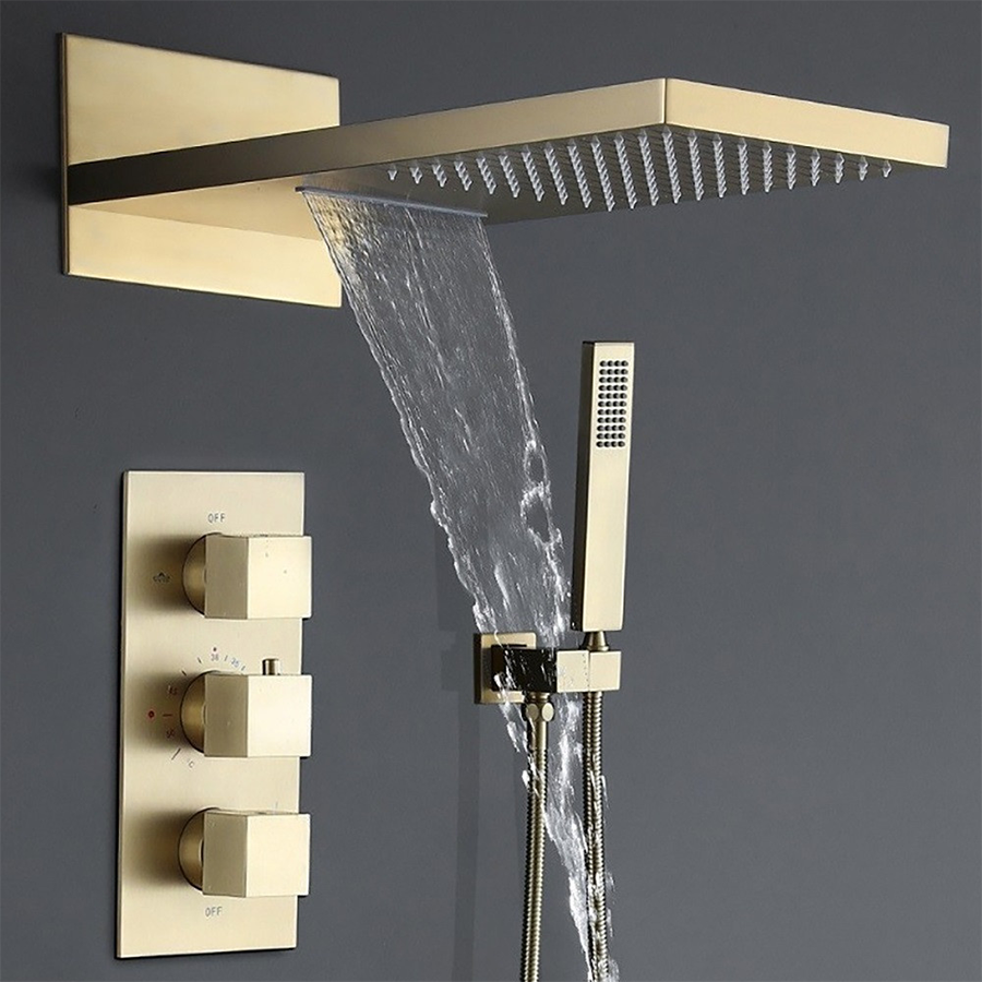 💡 Ducha tipo lluvia mural dorada 560 x 230 mm, termostática | Xirok ...
