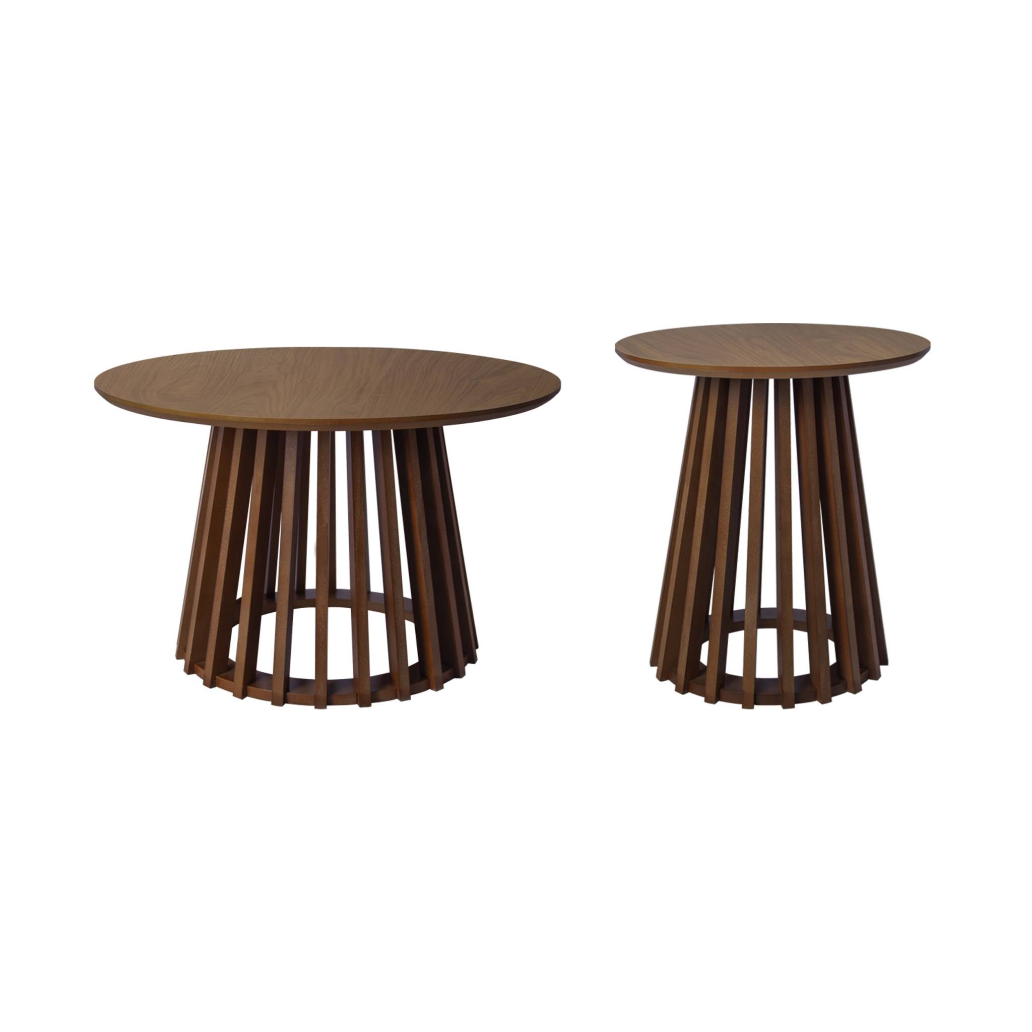 Set de 2 tables basses rondes plateau effet bois noyer et pieds en bois ...