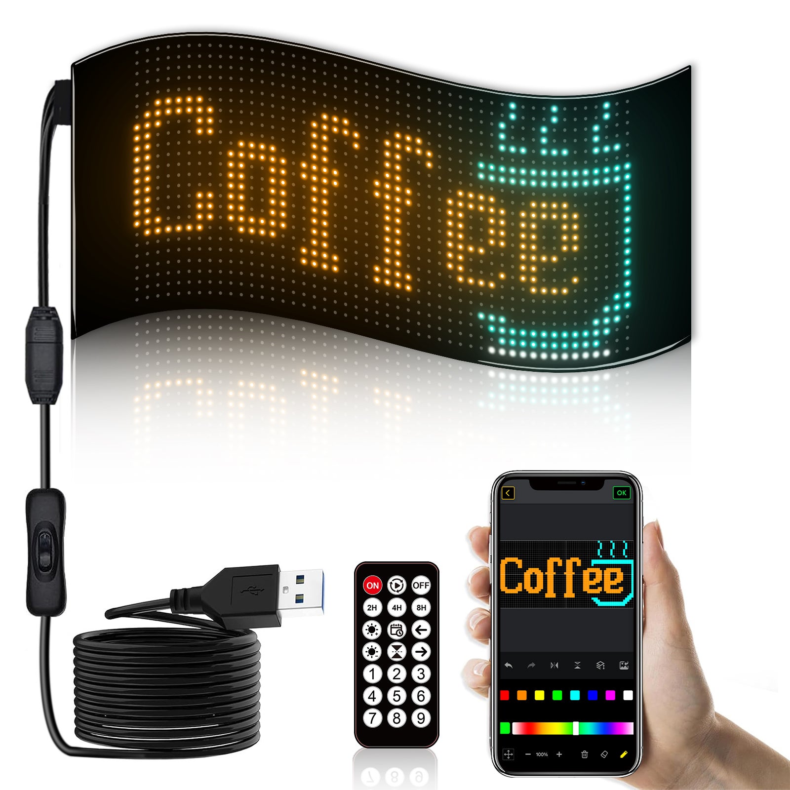 Pantalla LED Flexible Adherente 24x48 Píxeles - 1152 Luces, Control APP ...