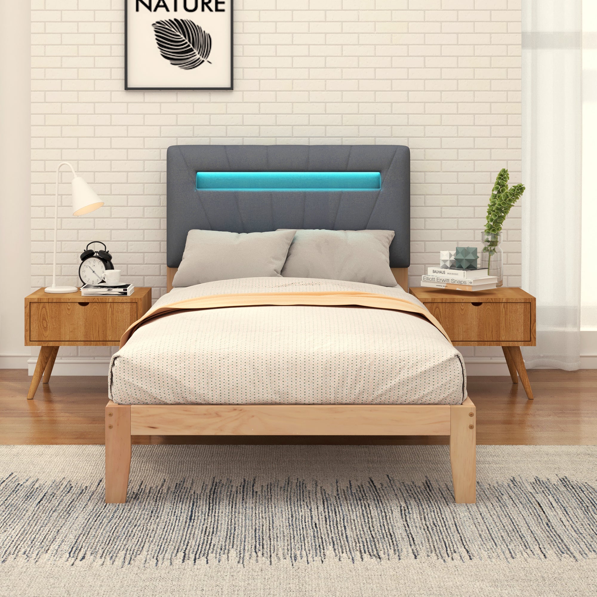 Lit en bois,tête de lit rembourrée avec bande lumineuse LED en 7 ...
