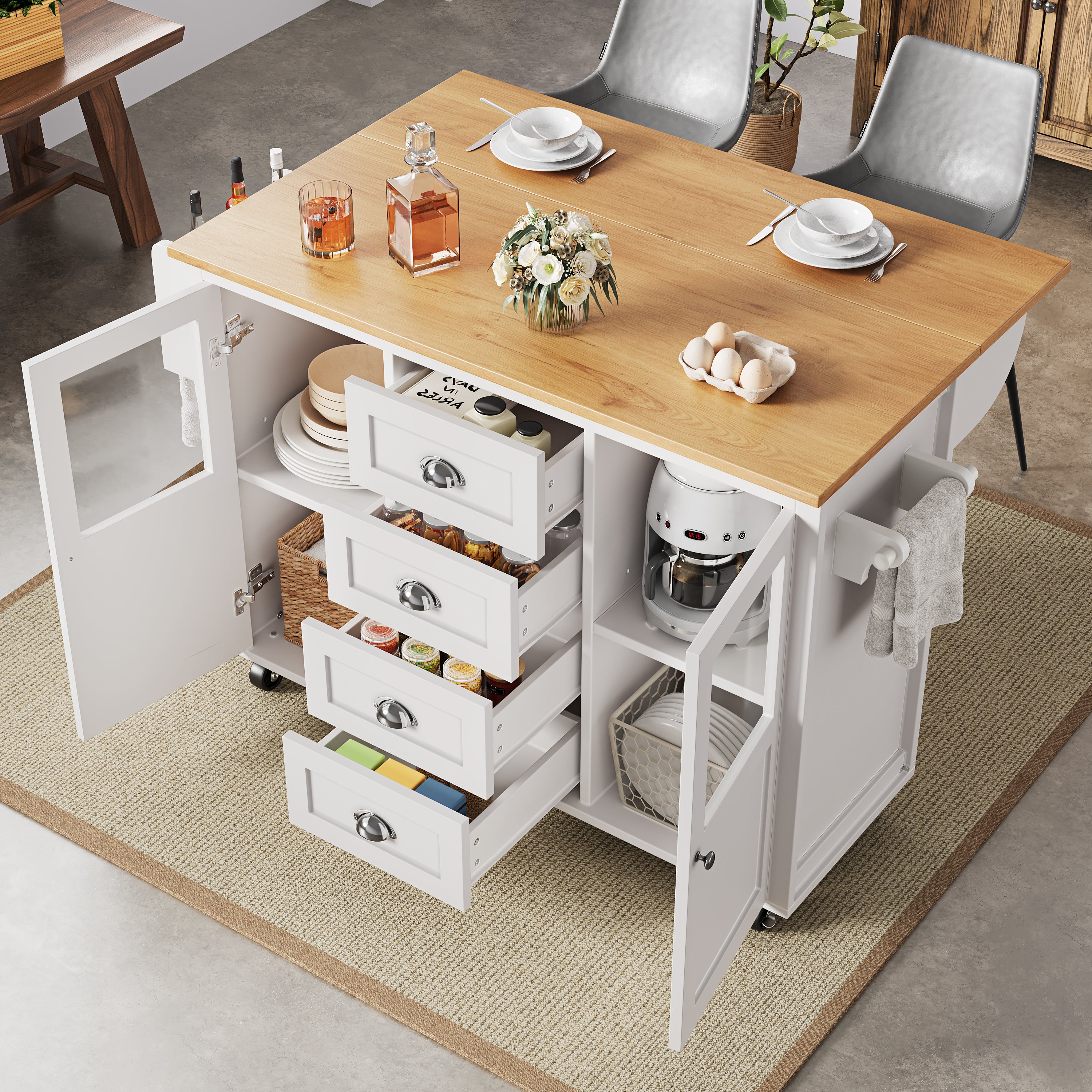 Îlot de Cuisine Moderne avec Tiroirs, Armoire Extensible, Table Pliante ...