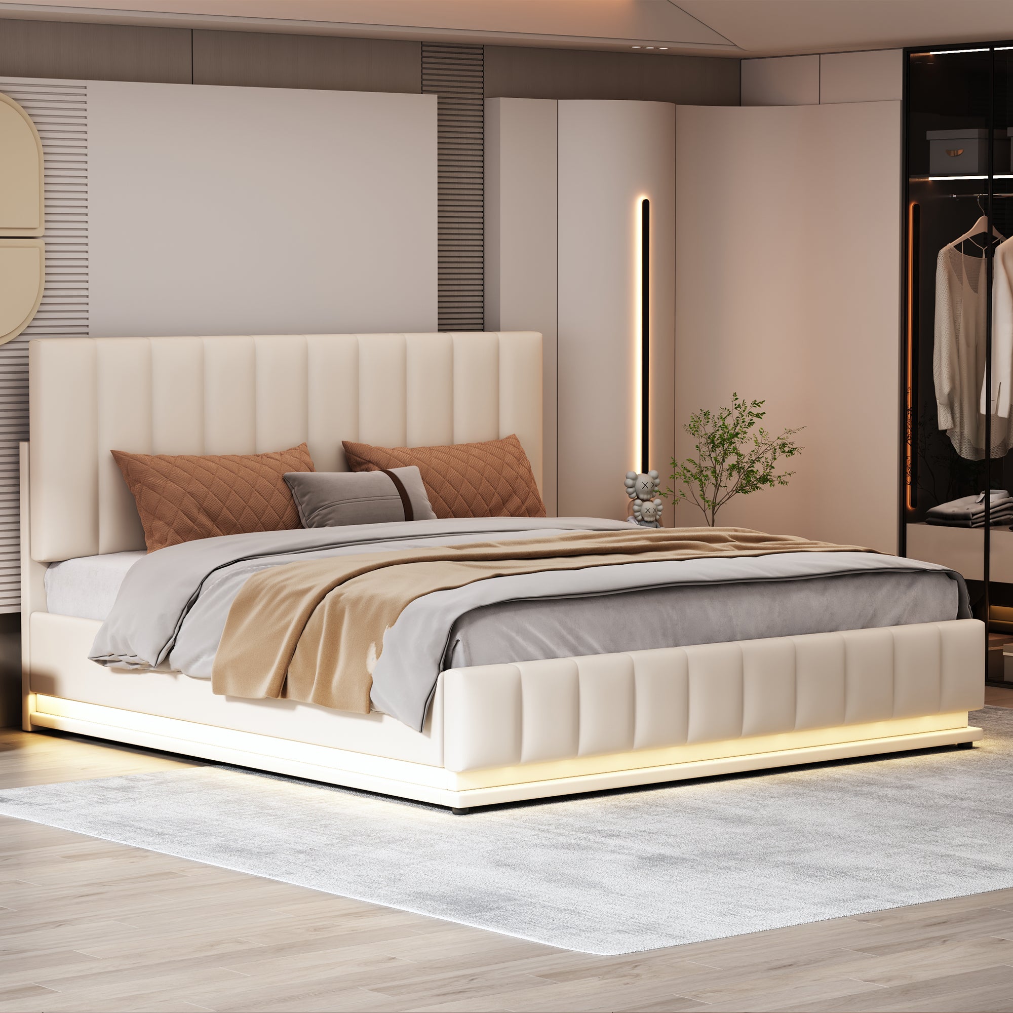 Lit rembourré 160 x 200 cm - led, sommier à lattes en métal, coffre de ...